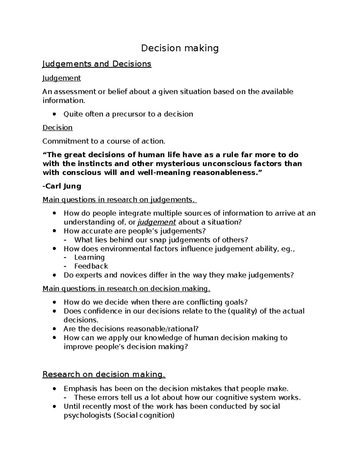 Decision making lecture Notes - Decision making Judgements and ...