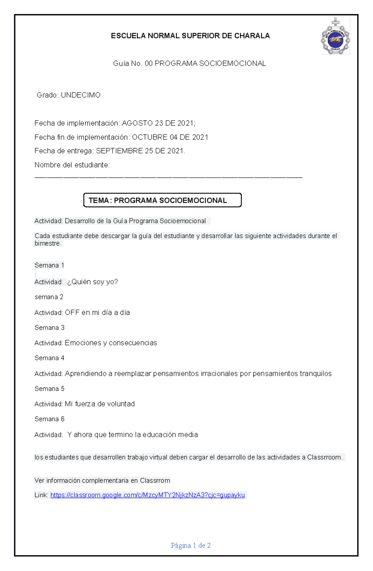 GUIA Undecimo - Programa Socioemocional Terer Periodo - ESCUELA NORMAL ...