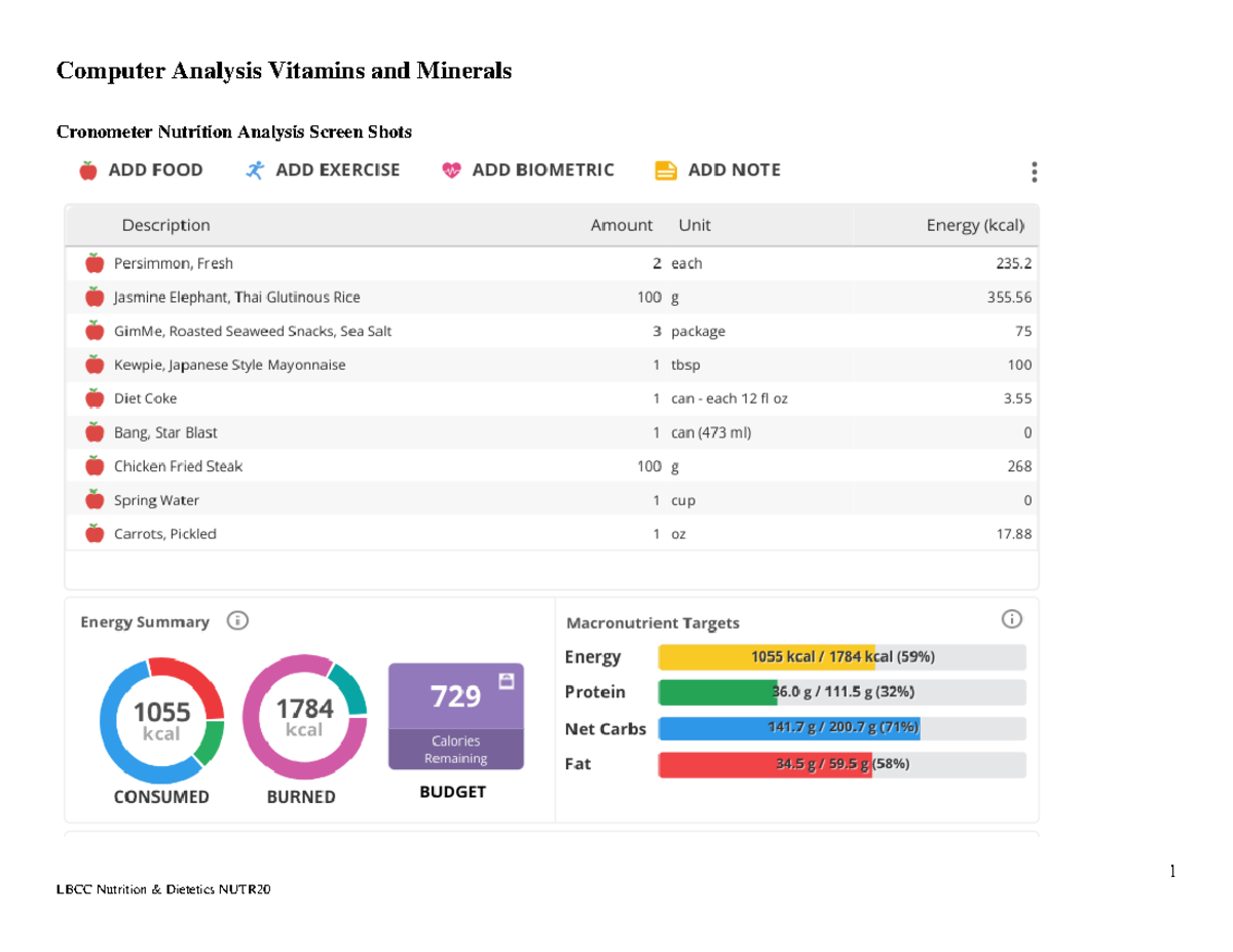 Computer Analysis Vitamins and Minerals-1 (2) - 1 Cronometer Nutrition ...