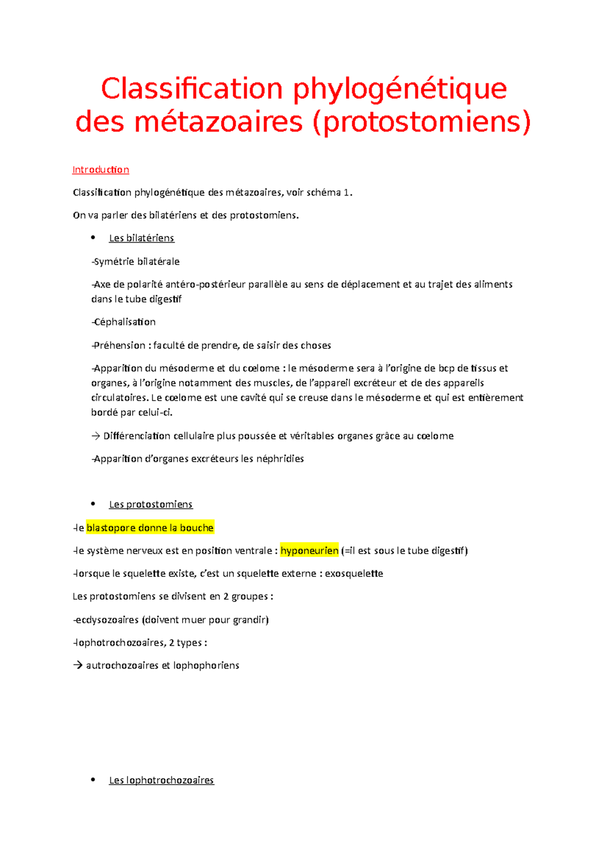Classification phylogénétique des métazoaires - Classification ...