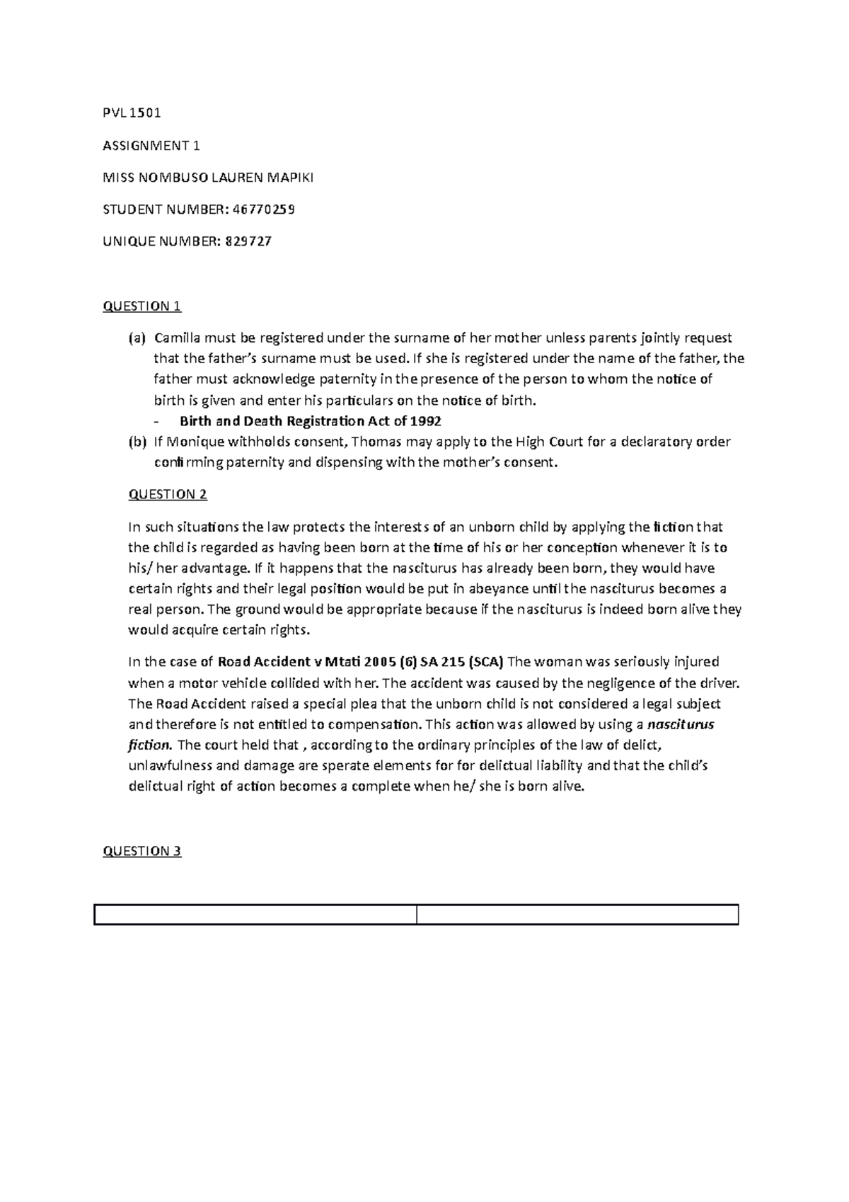 PVL Assignment 1 - PVL 1501 ASSIGNMENT 1 MISS NOMBUSO LAUREN MAPIKI STUDENT NUMBER: 46770259 ...