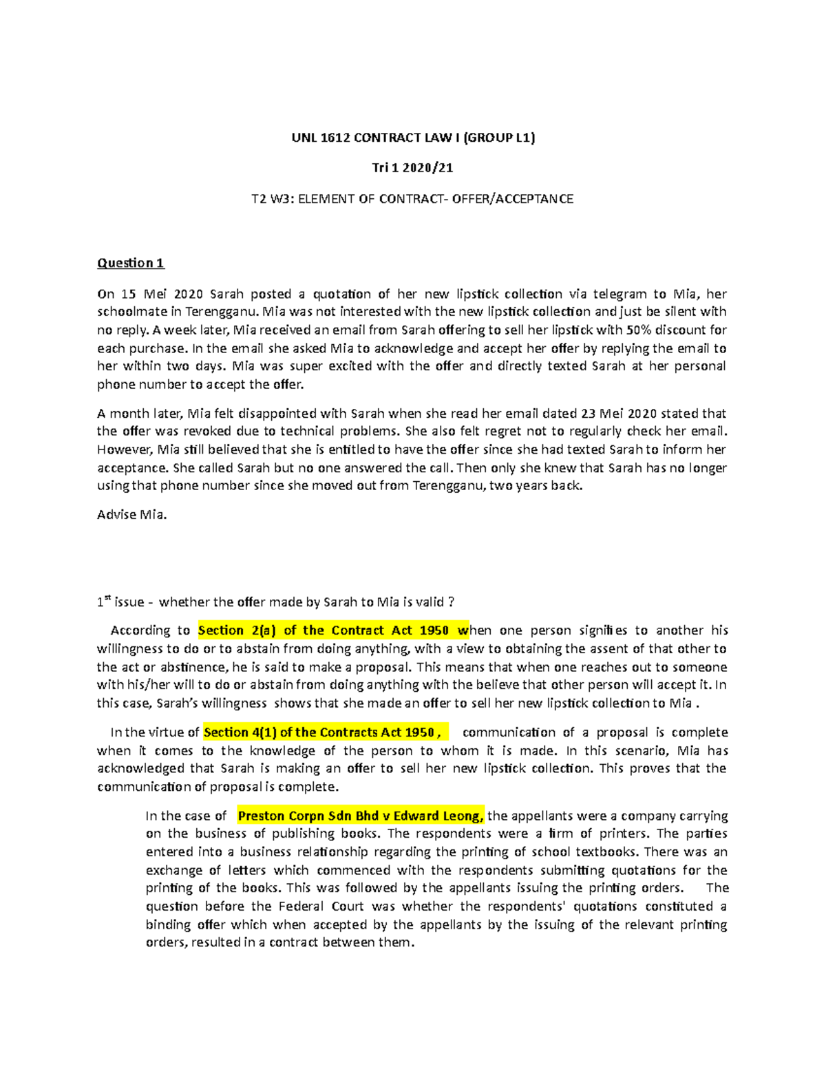 343182 T2 W3 - CONTRACTS - UNL 1612 CONTRACT LAW I (GROUP L1) Tri 1 2020/ T2 W3: ELEMENT OF ...