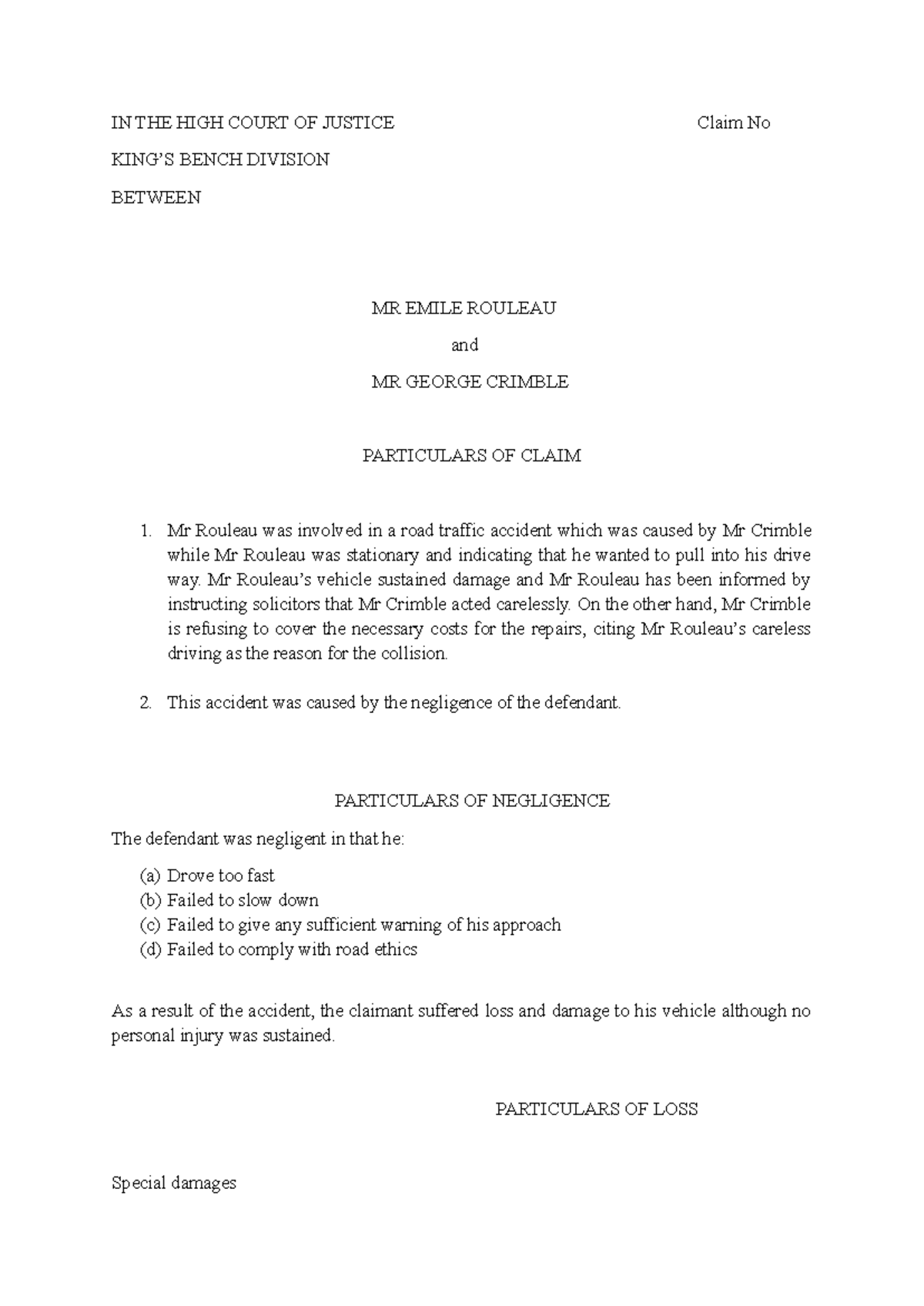 Particulars of Claim - Rouleau v Crimble - IN THE HIGH COURT OF JUSTICE ...