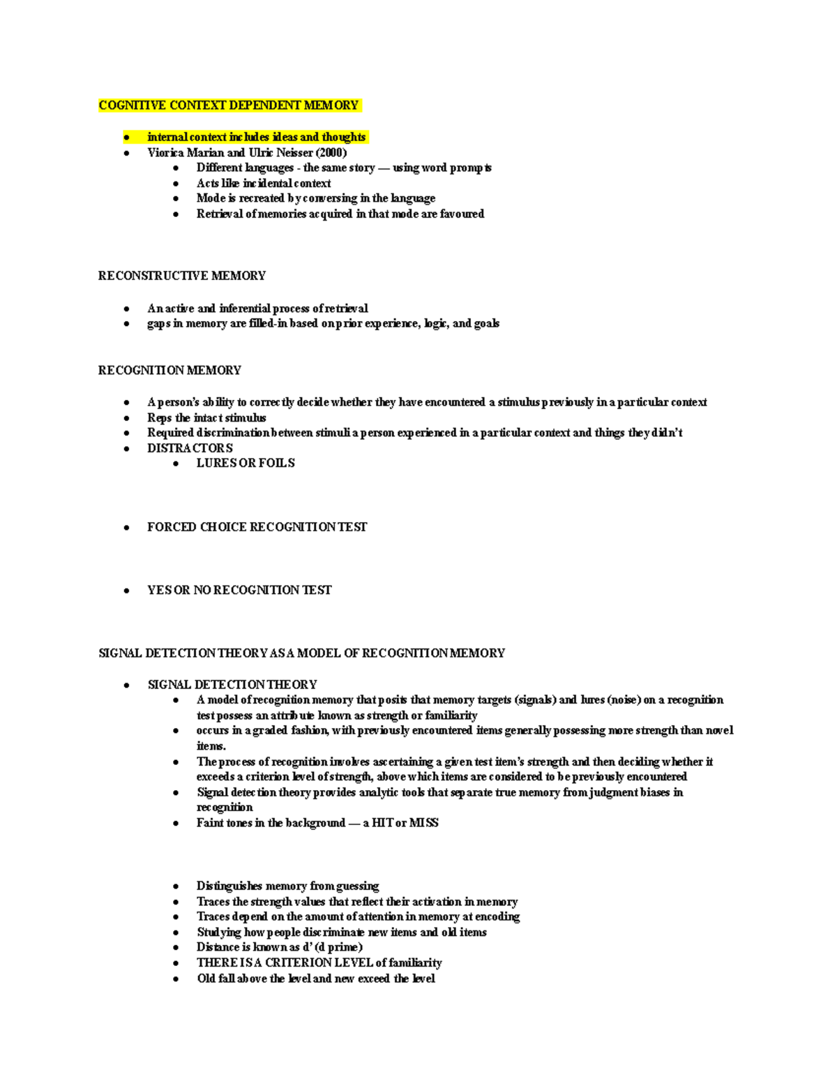 Cognitive Context Dependent Memory Cognitive Context Dependent Memory Internal Context 