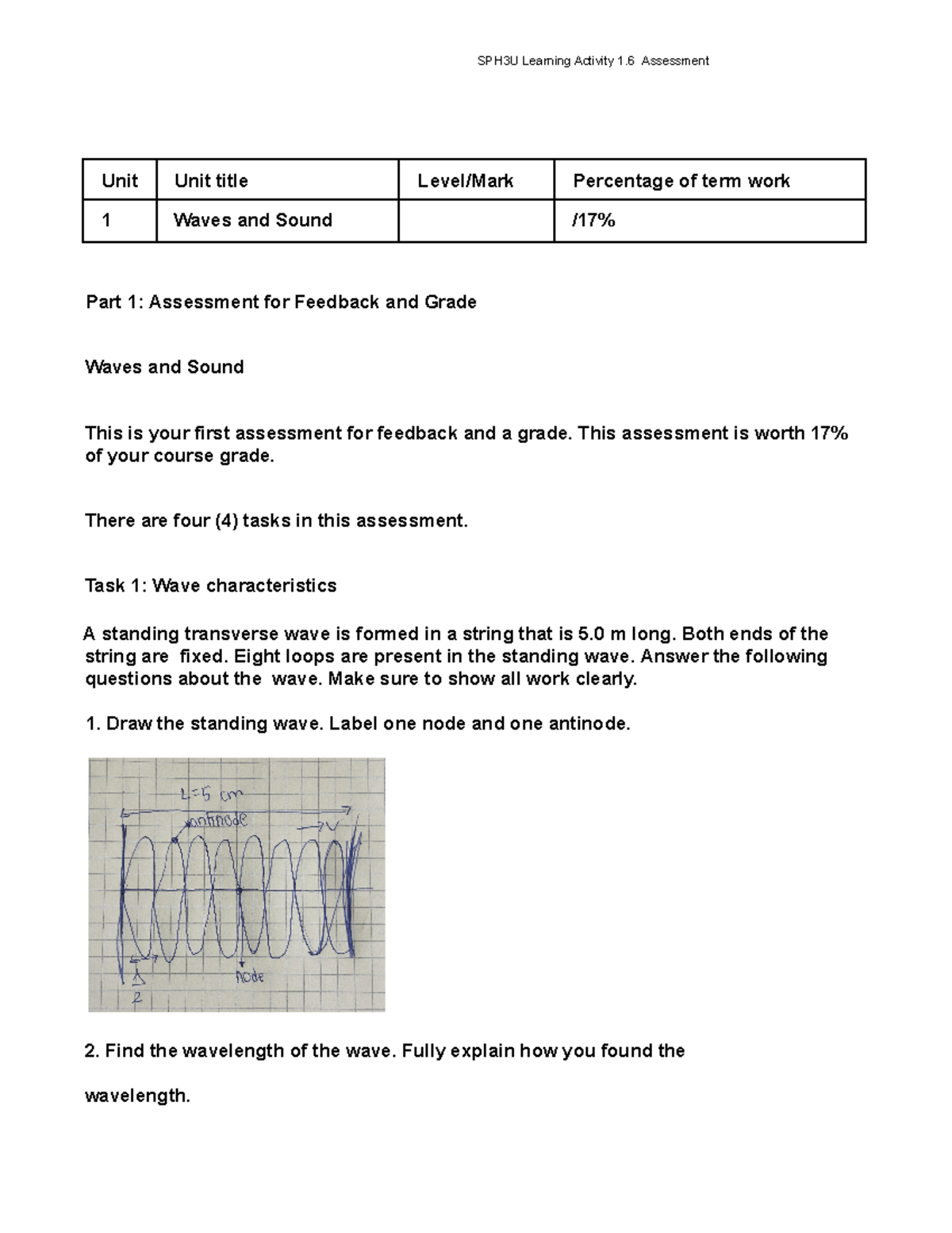 Waves Graded Assesment - SPH3U Learning Activity 1 Assessment Unit Unit ...