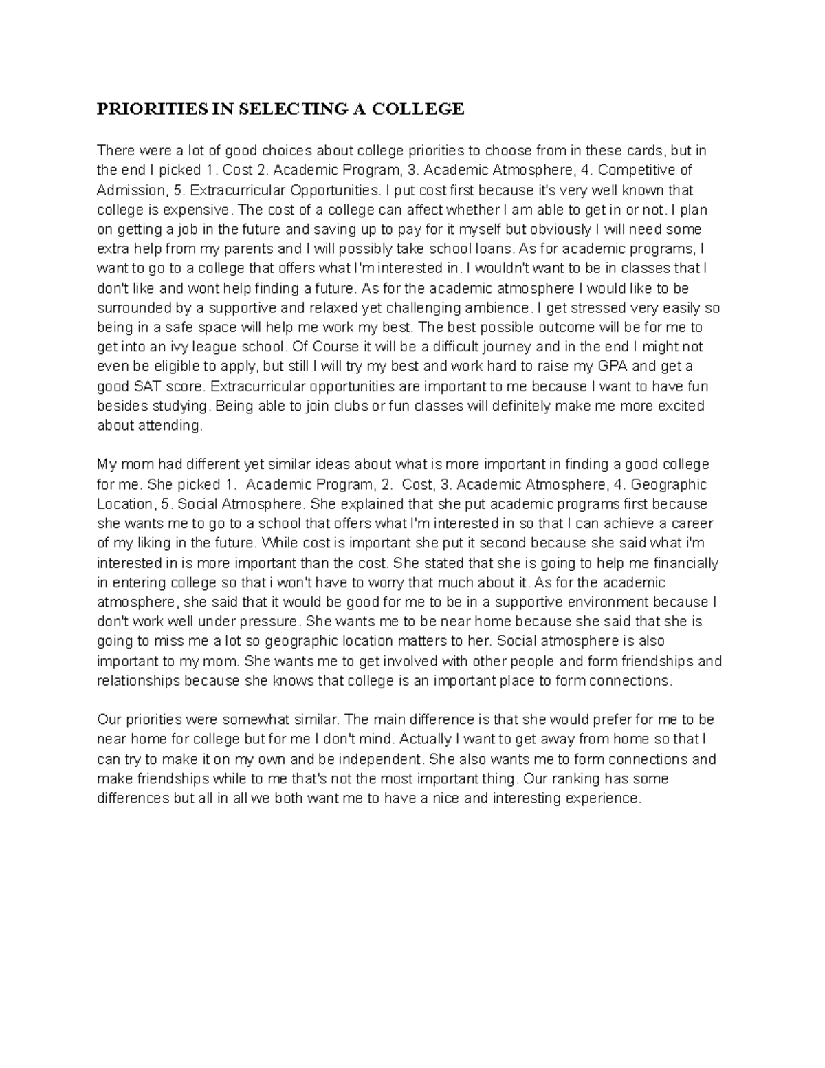 Priorities IN Selecting A College - PRIORITIES IN SELECTING A COLLEGE ...