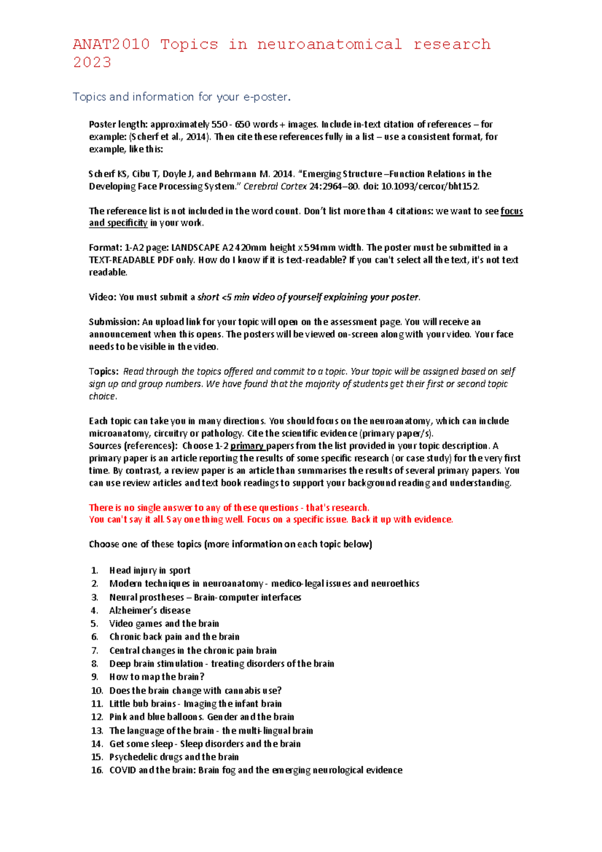 ANAT2010 Poster Topics 2023 - 2023 Topics and information for your e ...