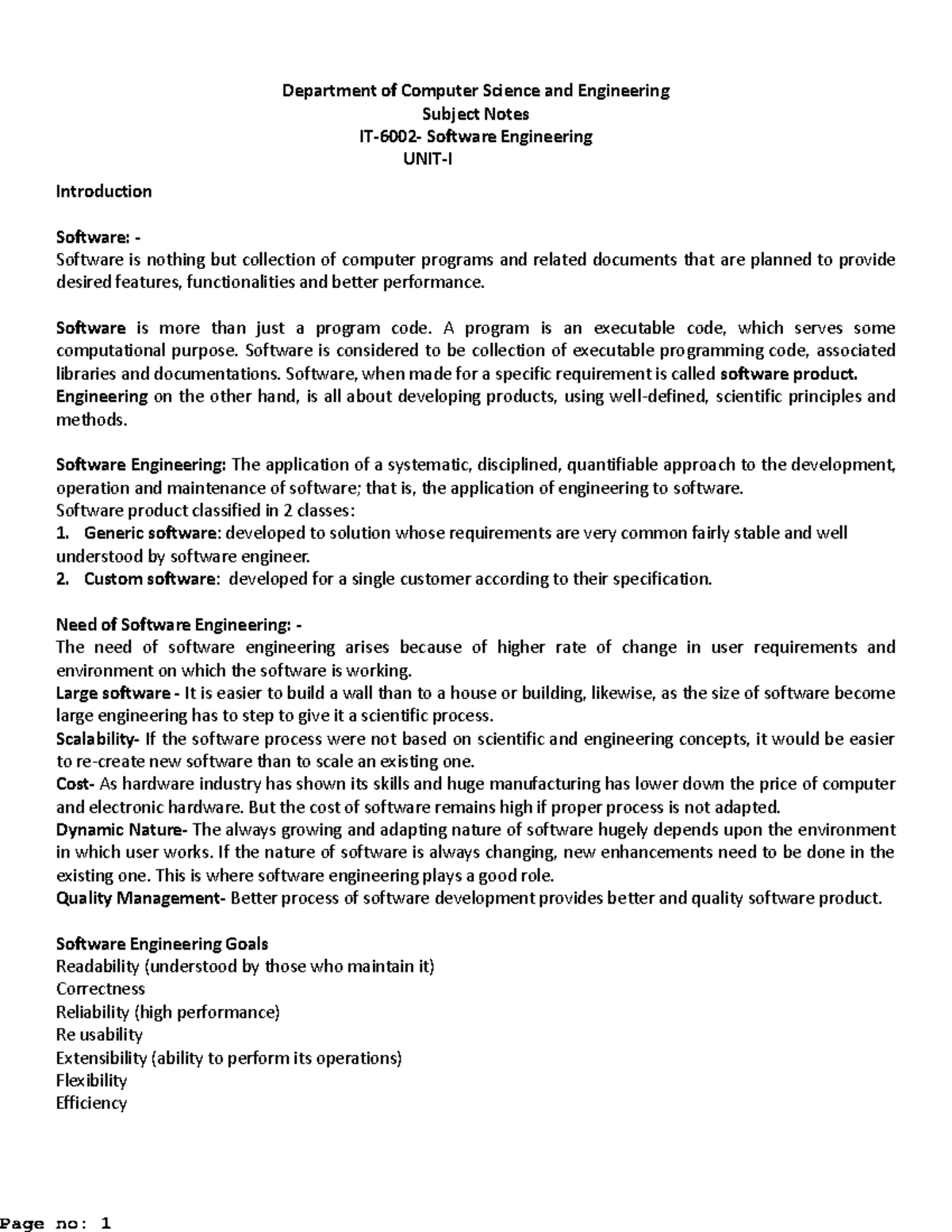 Notes software engineering unit 1 - Department of Computer Science and ...