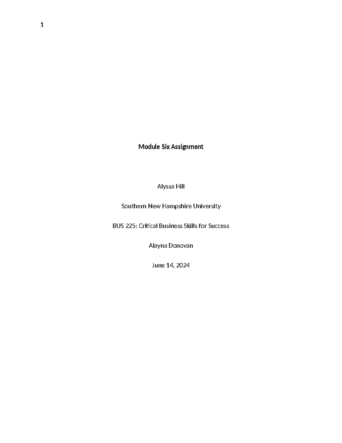 BUS225 Module Six Assignment - 1 Module Six Assignment Alyssa Hill ...