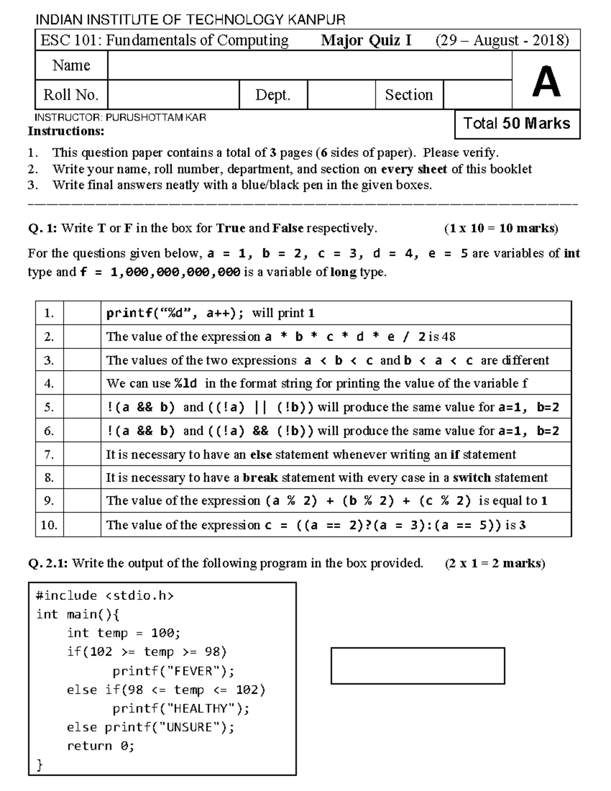 Quiz1 - Tutorial sheet shared by professor - Instructions: This question paper contains a total ...