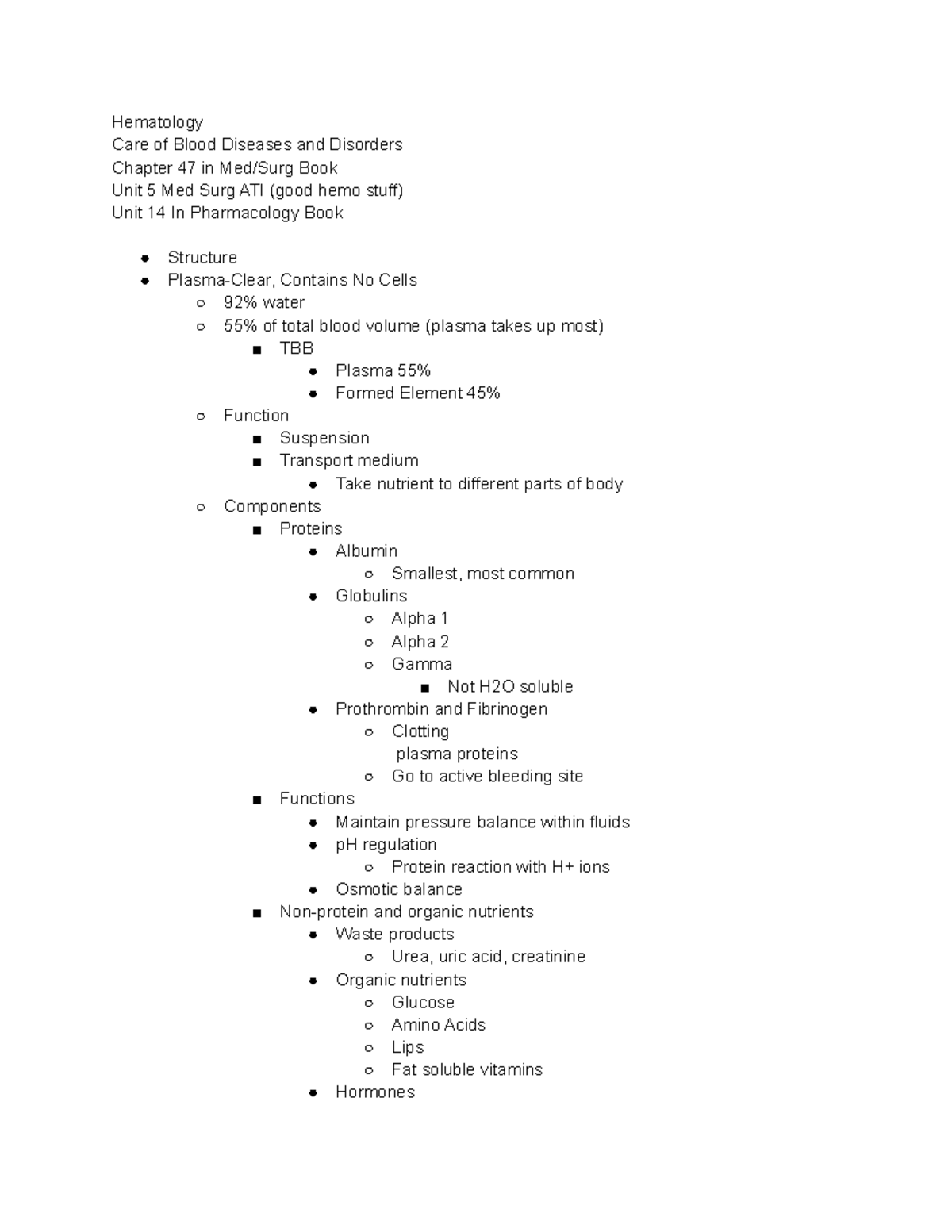 Med Surg Unit 3 - Hematology Notes - Hematology Care of Blood Diseases ...