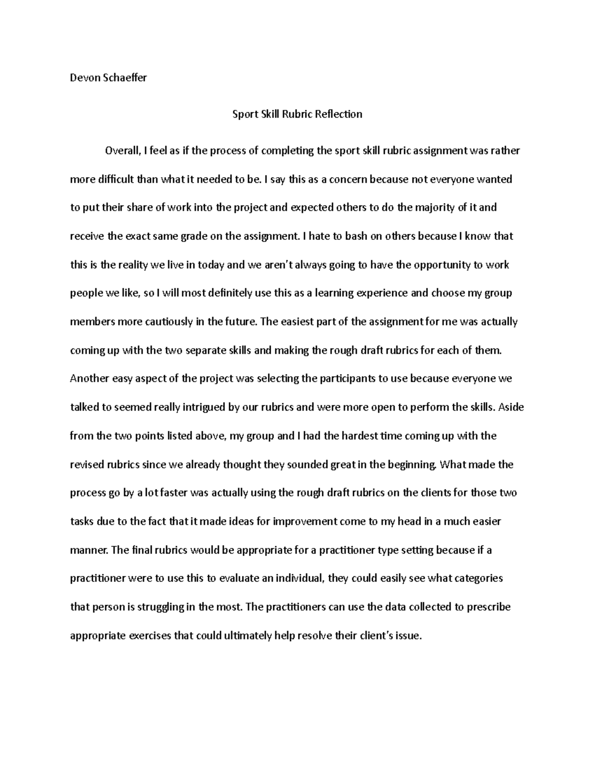 Sport Skill Rubric Reflection - Devon Schaeffer Sport Skill Rubric ...