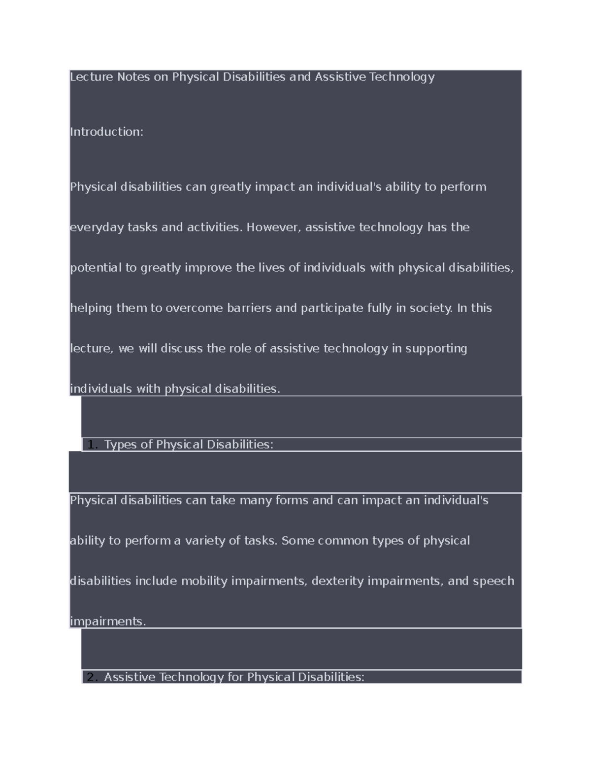 Lecture Notes on Physical Disabilities and Assistive Technology ...