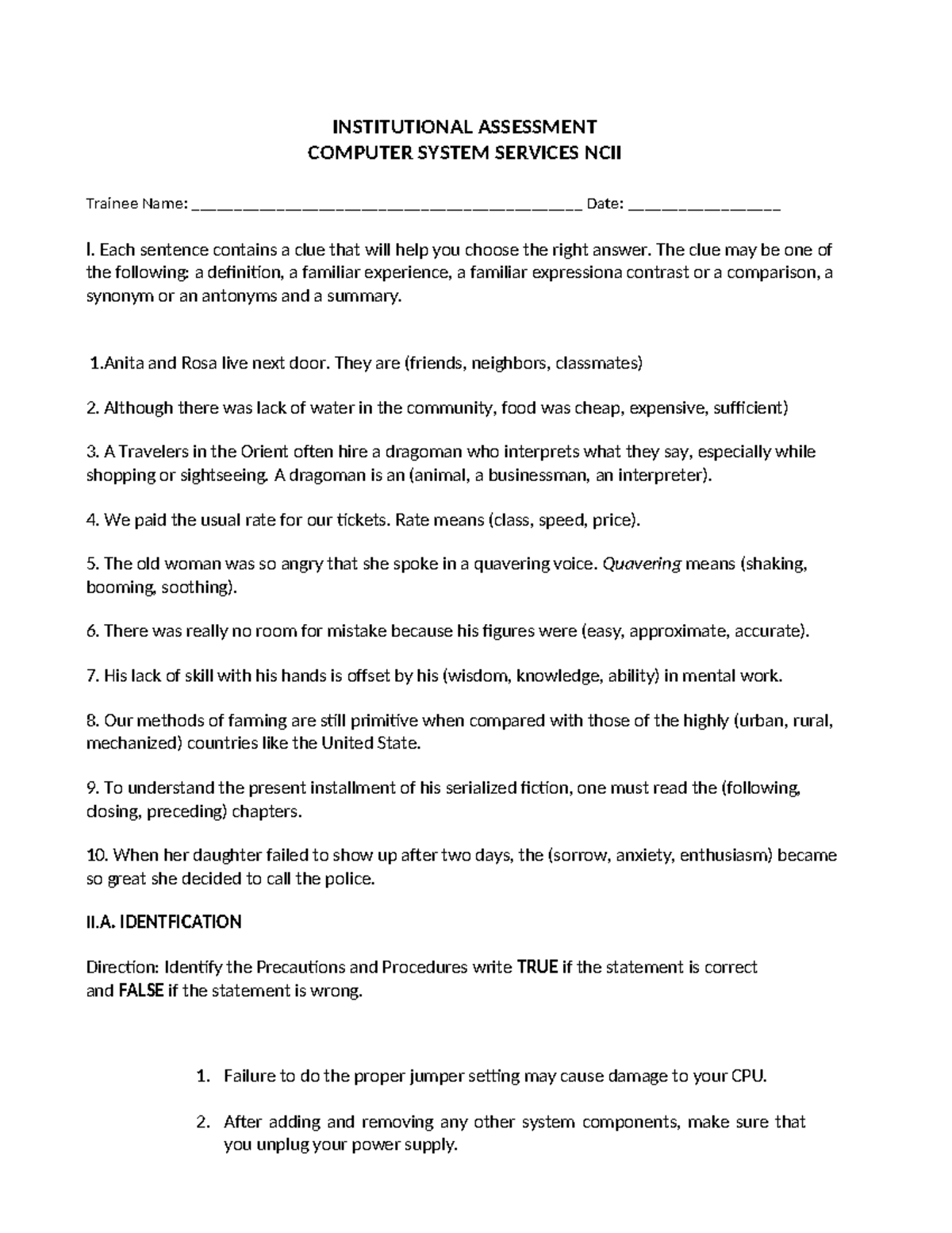 Institutional- Assessment-CSS - INSTITUTIONAL ASSESSMENT COMPUTER SYSTEM SERVICES NCII Trainee ...