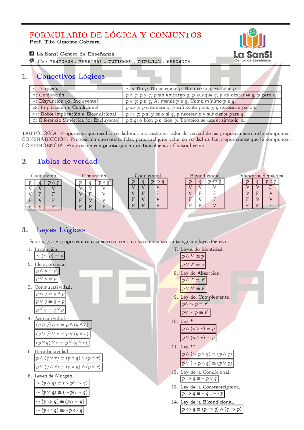Lógica y Conjuntos - Teoría - FORMULARIO DE L ́OGICA Y CONJUNTOS Prof ...