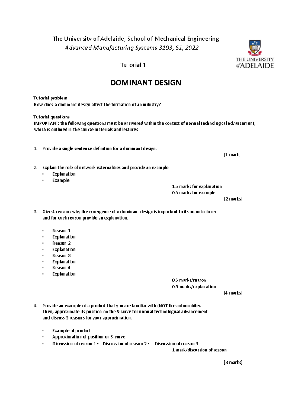 Tutorial 1 (Dominant design) 2022 - The University of Adelaide, School ...