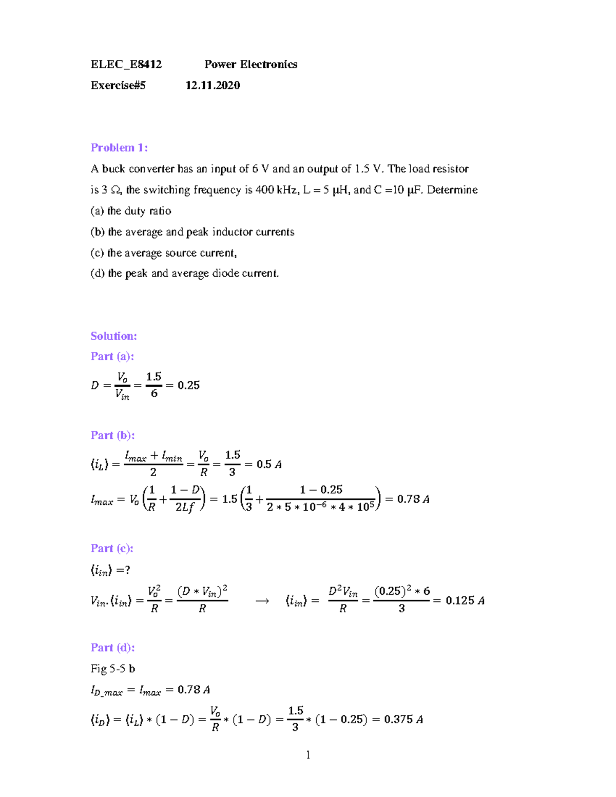 ELEC-E8412 PE Exercise#5 Solutions - ELEC_E8412 Power Electronics Exercise#5 12. Problem 1: A ...