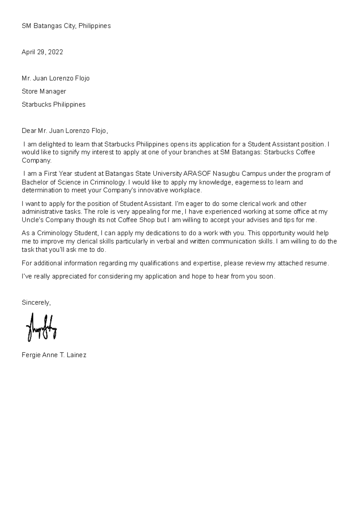 Letter of Application - Nine - SM Batangas City, Philippines April 29 ...