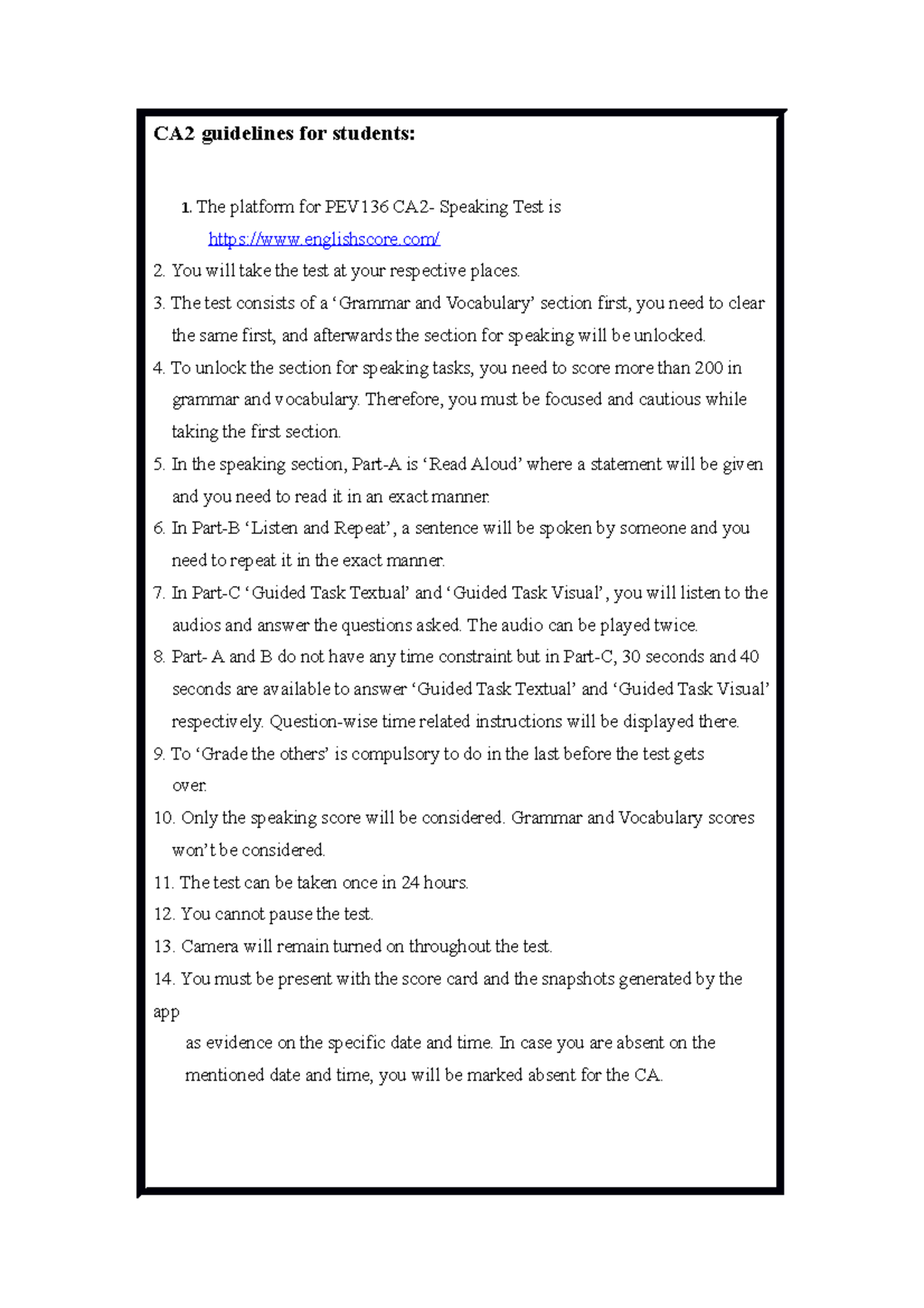 PEL136 Instructions CA2 - CA2 guidelines for students: 1. The platform for PEV136 CA2- Speaking ...