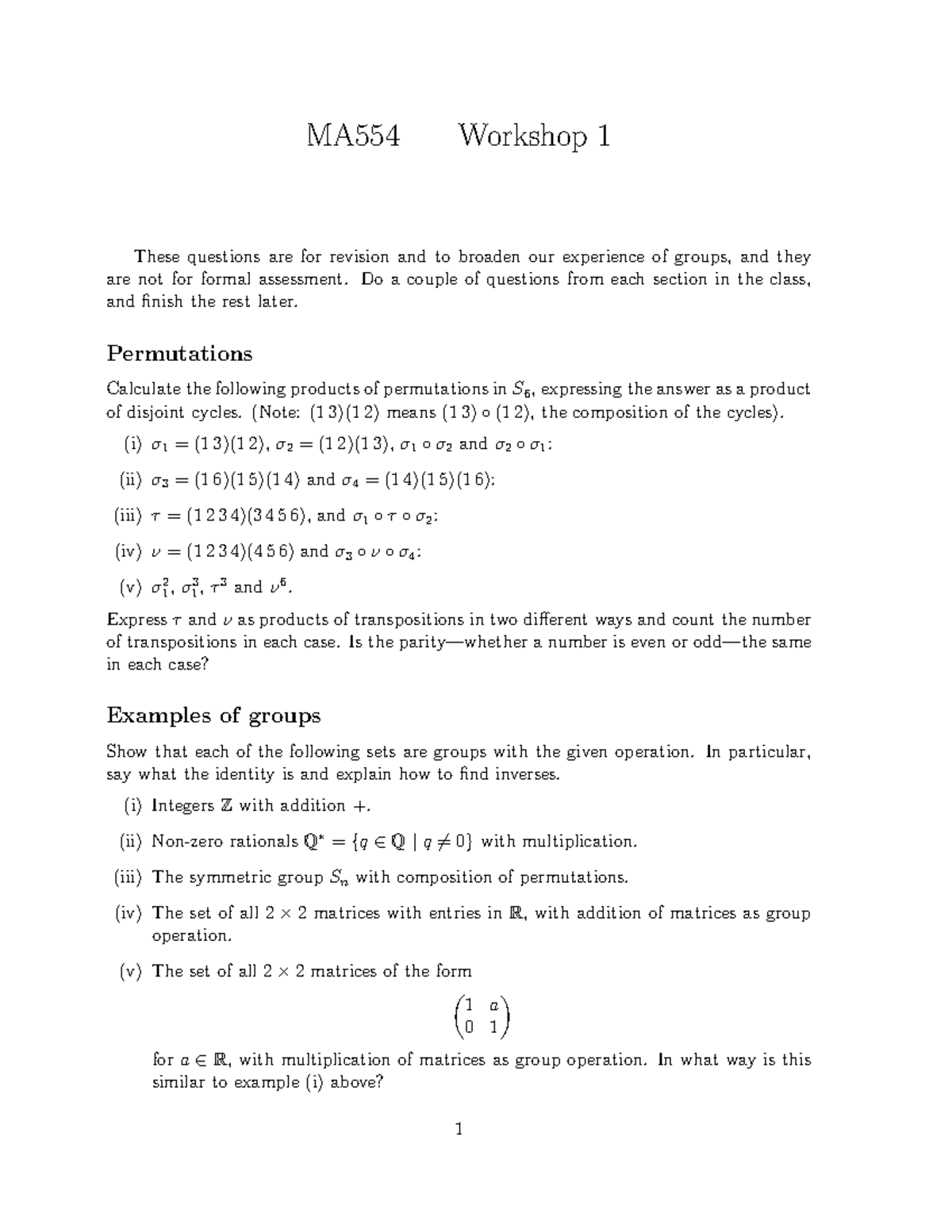 MA554 2008-2009 Workshop 1 - MA554 Workshop 1 These questions are for ...