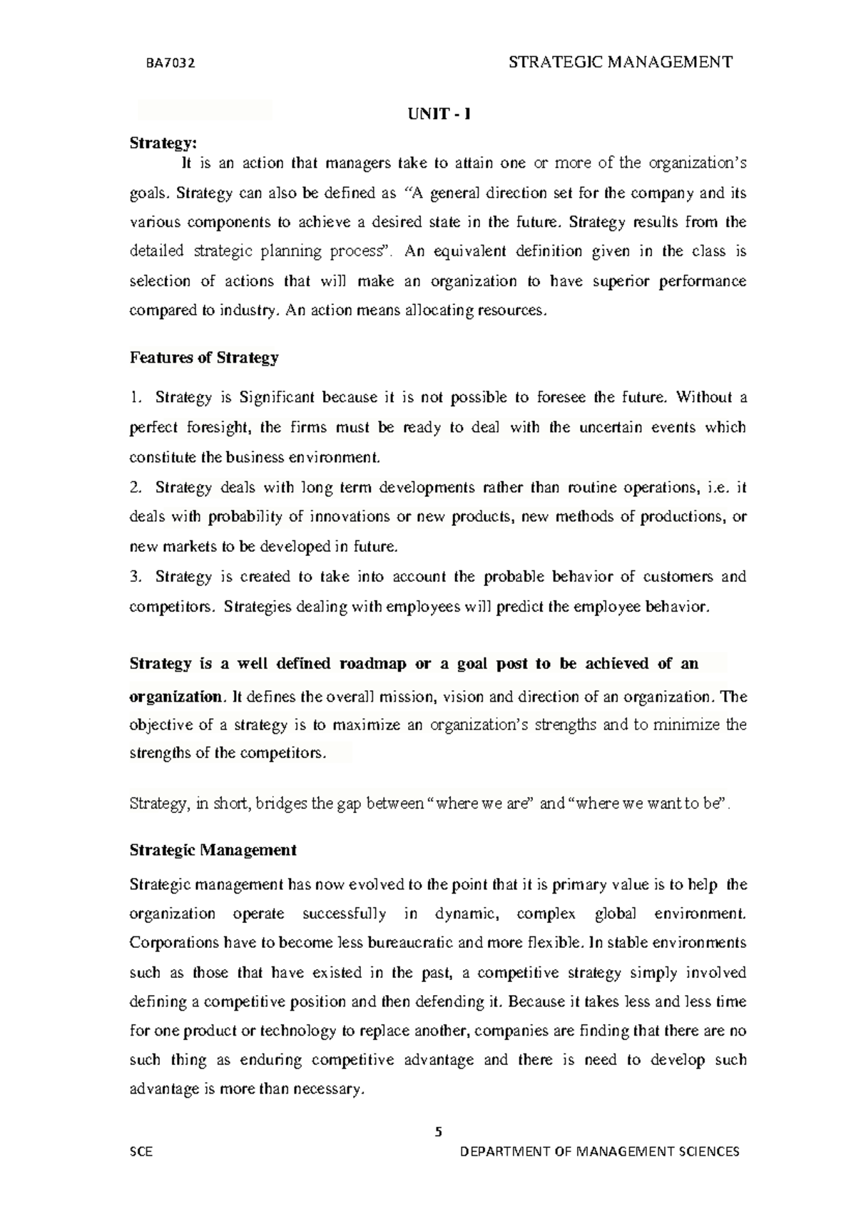 Strategic management - Lecture notes 2 - 5 UNIT - I Strategy: It is an ...