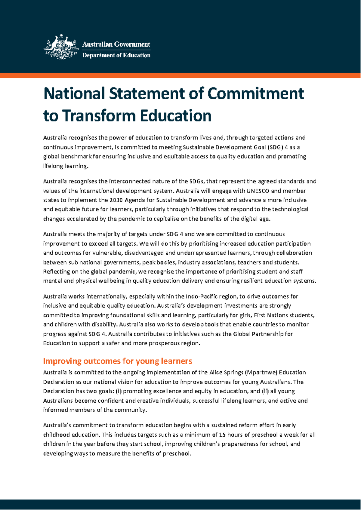 Australia's National Statement of Commitment to Transform Education ...