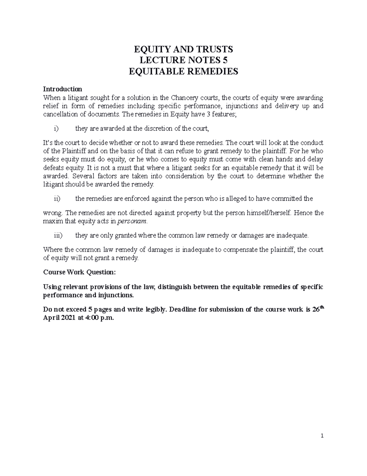 Equity 5, Equitable Remedies - EQUITY AND TRUSTS LECTURE NOTES 5 ...