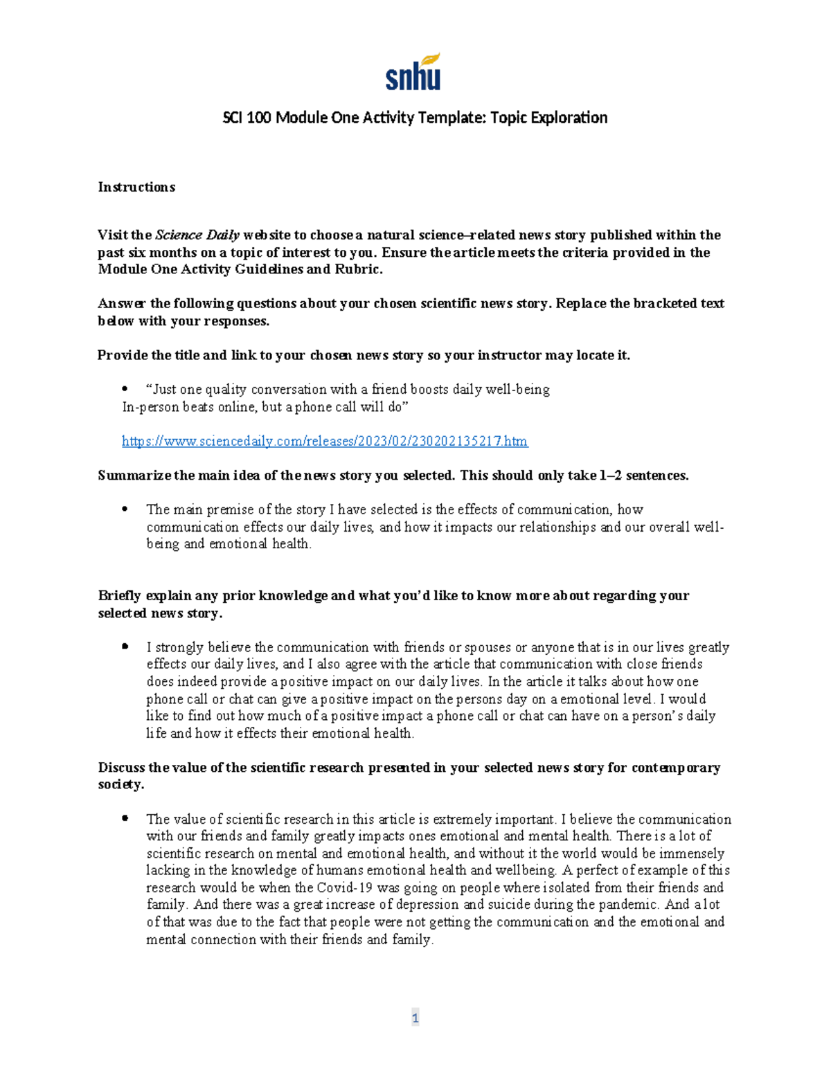 SCI 100 Module One Activity - Ensure the article meets the criteria ...
