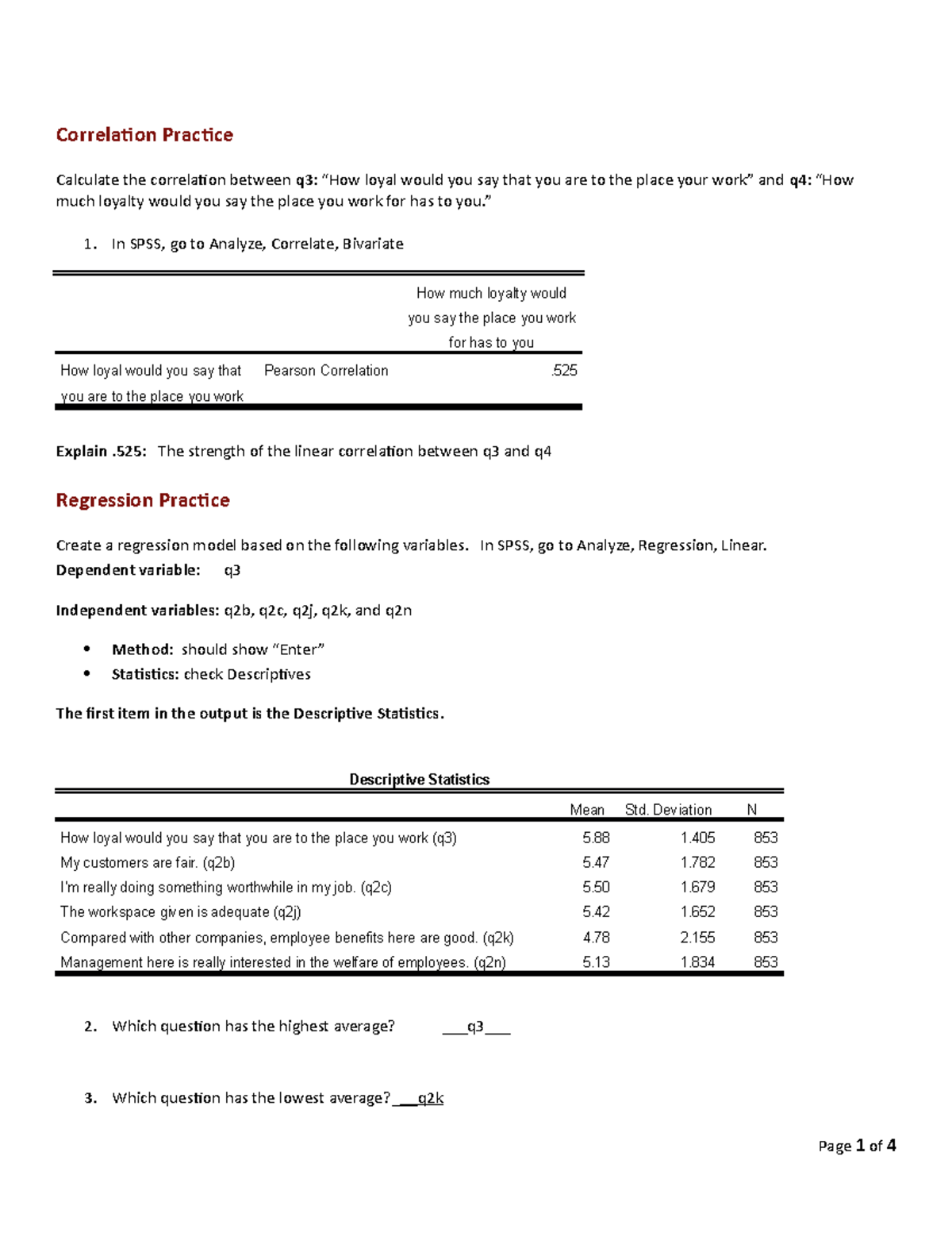 Class 19 Regression Worksheet - Correlation Practice Calculate the ...