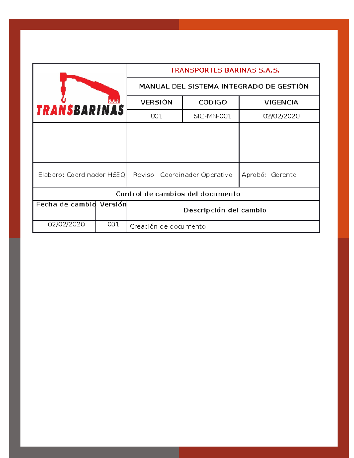 SIG-MN-001 Manual SIG - sasass - TRANSPORTES BARINAS S.A. MANUAL DEL ...