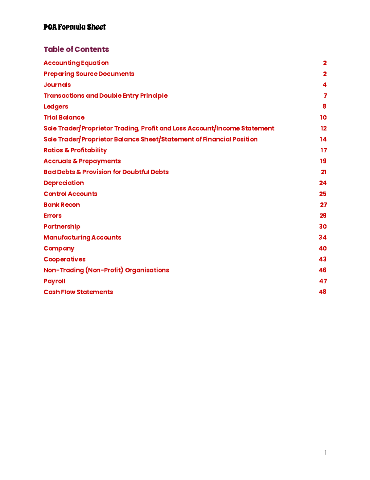 POA Formula Sheet - Table of Contents Accounting Equation Preparing ...