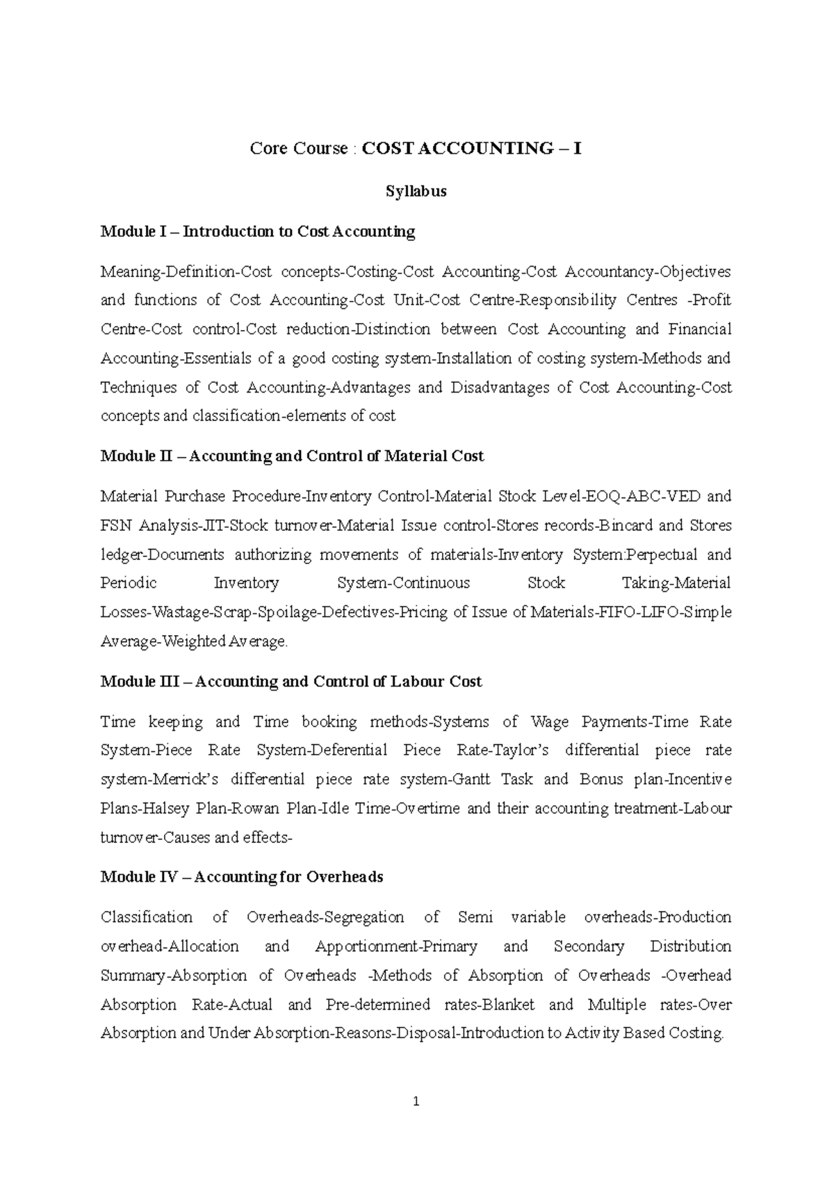 Cost 1 - cost accounting 1 - Core Course : COST ACCOUNTING – I Syllabus ...