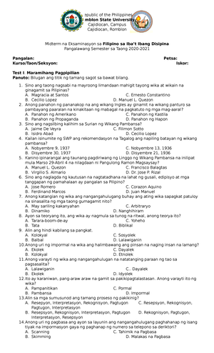 FIL2 - Filipino sa Iba't Ibang Disiplina - Midterm Exam - Filipino 2 ...