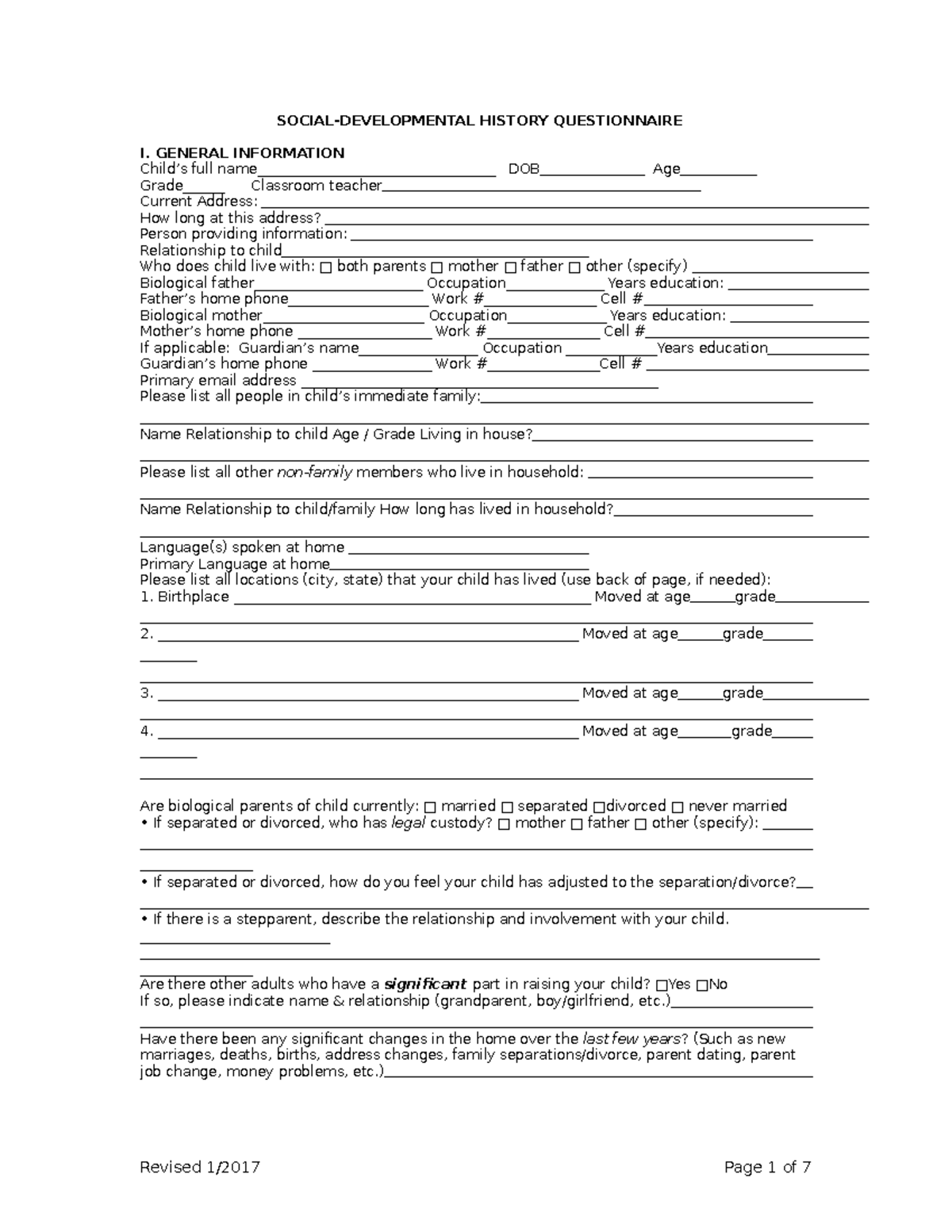 Social Developmental History Questionnaire - SOCIAL-DEVELOPMENTAL ...
