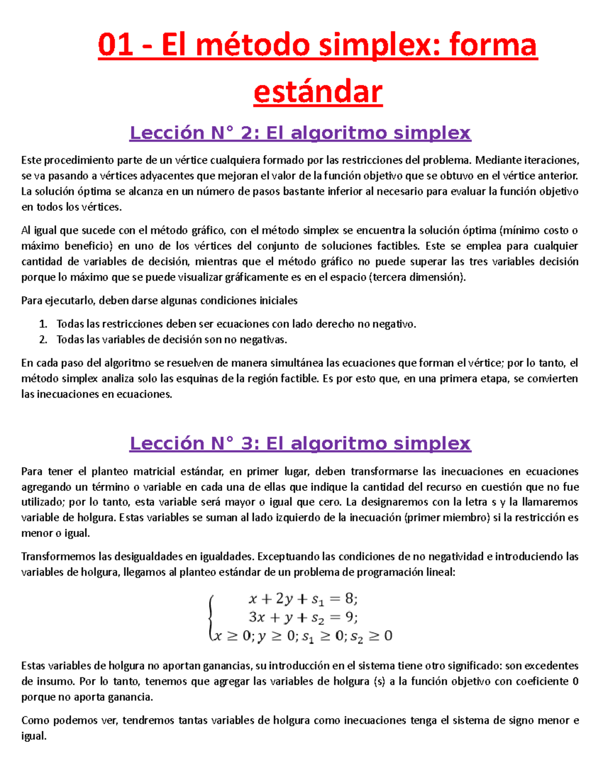 Modulo 2 - 01 - El método simplex: forma estándar Lección N° 2: El ...