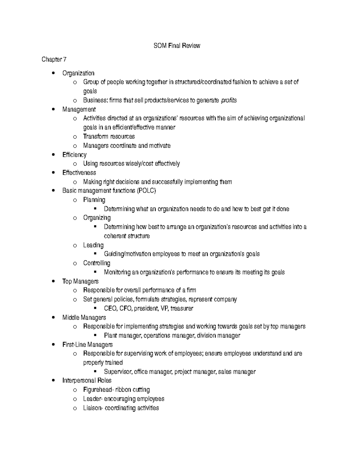 SOM Final Review - Lecture notes 15-24 - SOM Final Review Chapter 7 ...