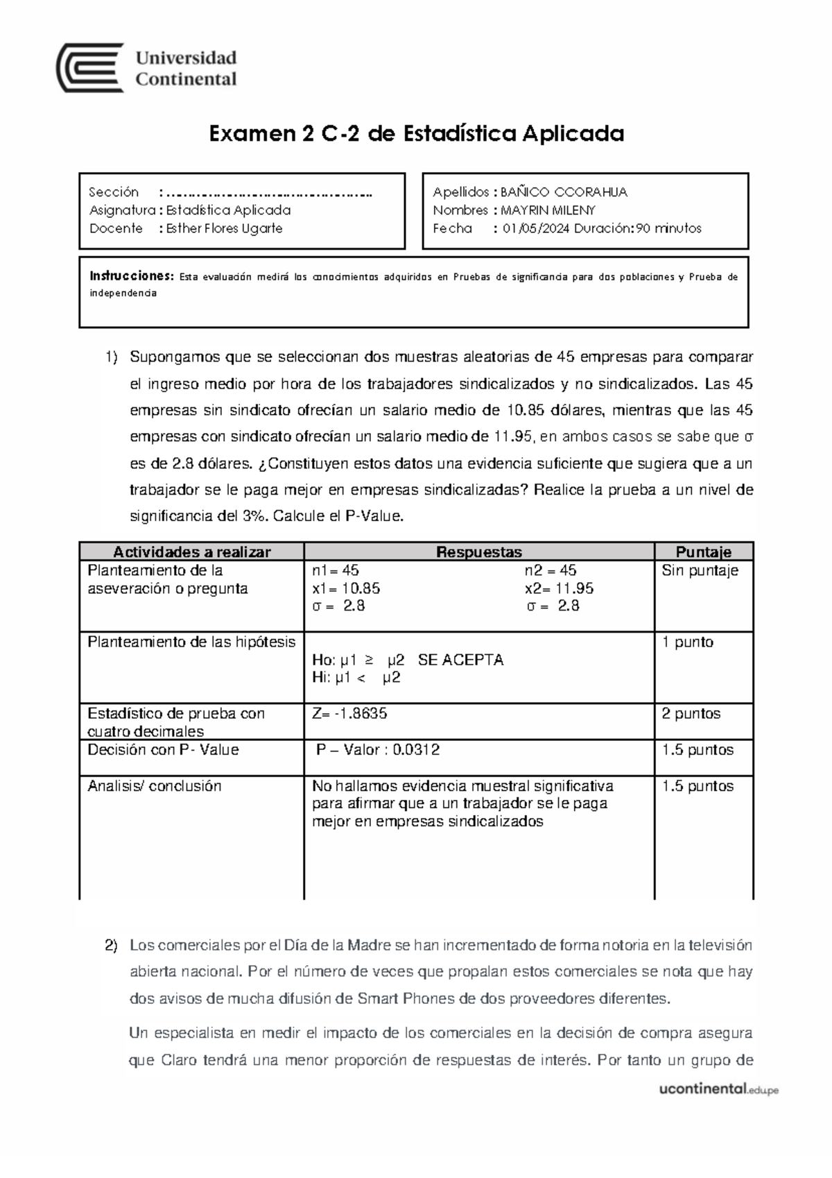 Examen 2 C 2 - gffff - Examen 2 C- 2 de Estadística Aplicada Supongamos ...