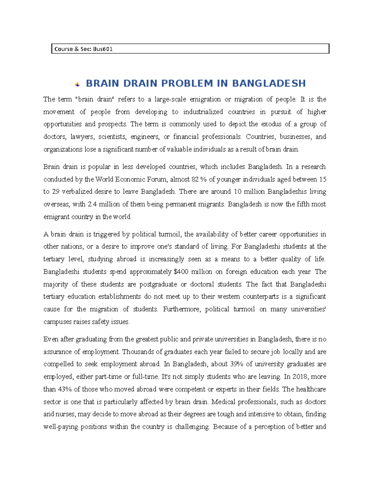 Brain Drain Problem in Bangladesh - Course & Sec: Bus BRAIN DRAIN ...