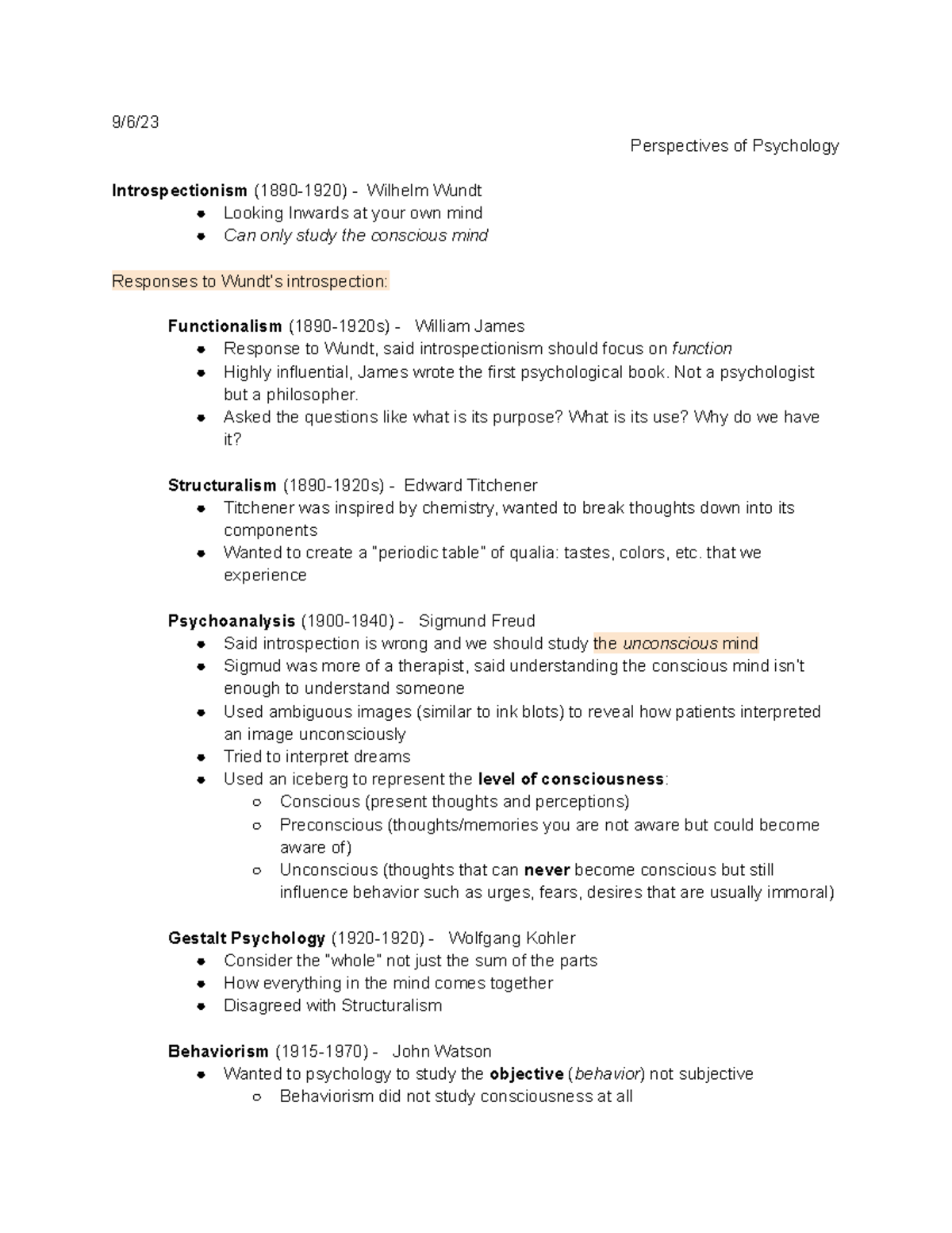 Workings of the Mind Lecture Notes - 9/6/ Perspectives of Psychology ...