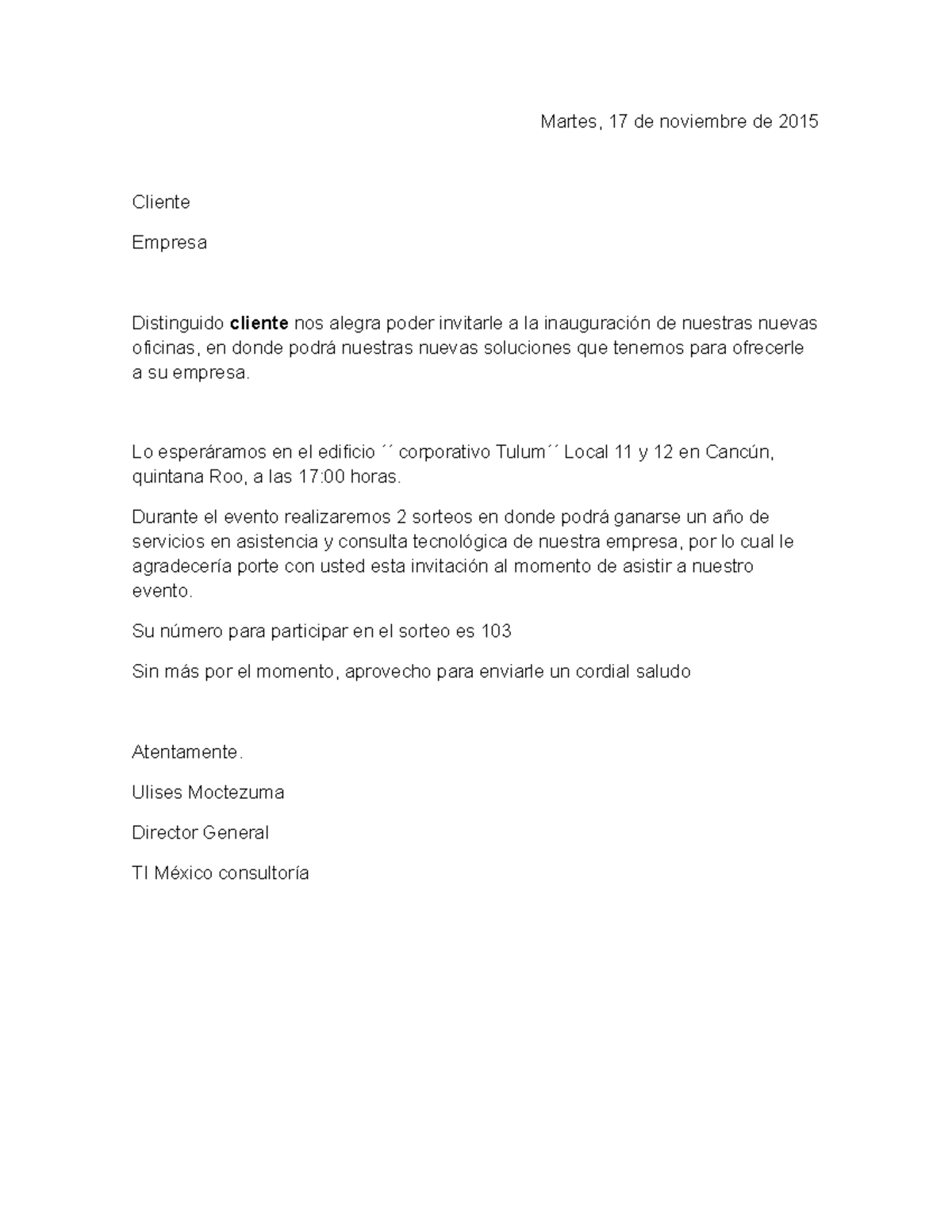 Ejemplo de correspondecia - Martes, 17 de noviembre de 2015 Cliente ...