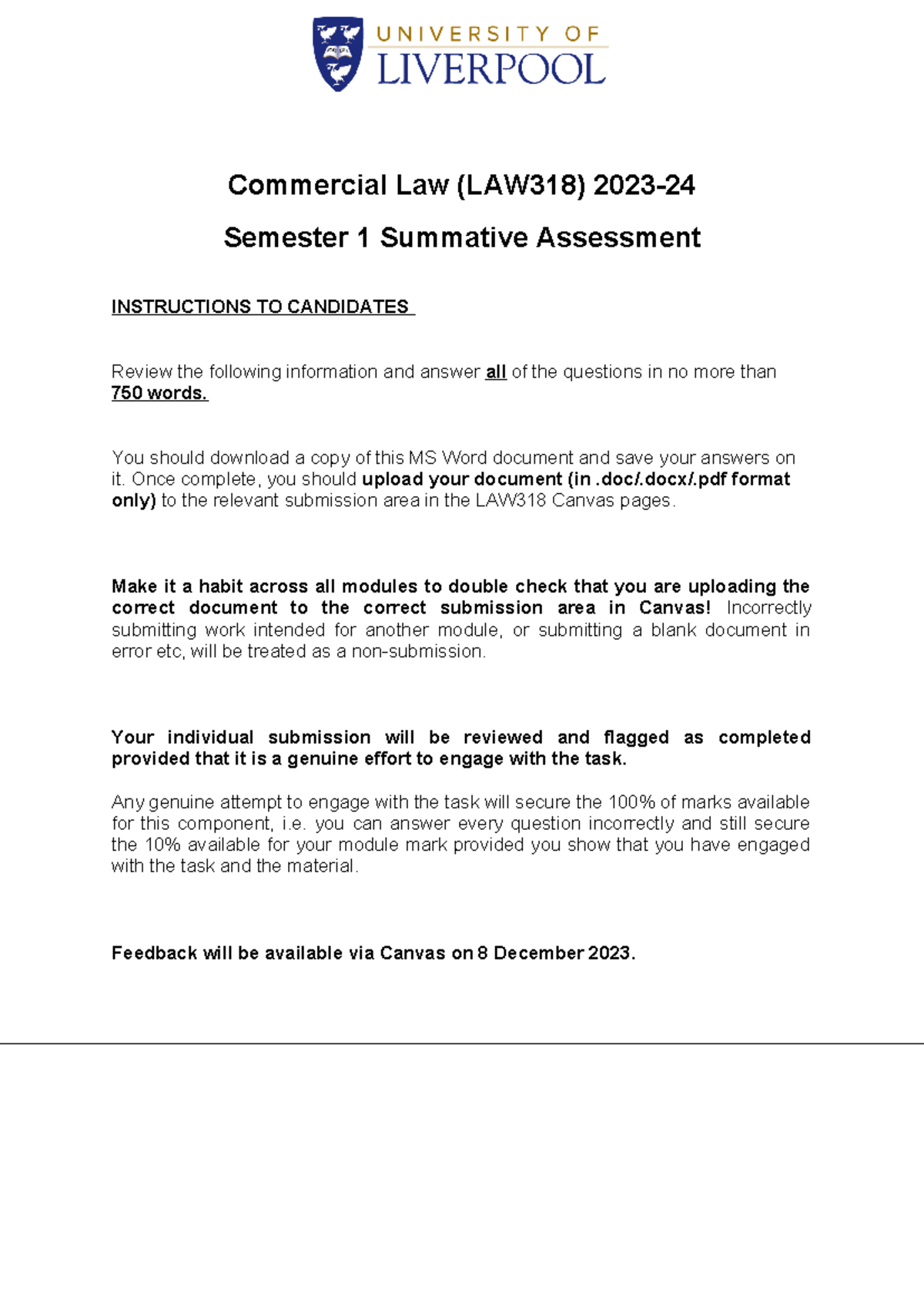 LAW318 Commercial Law 2023-24. 10% Summative Assessment - Commercial ...