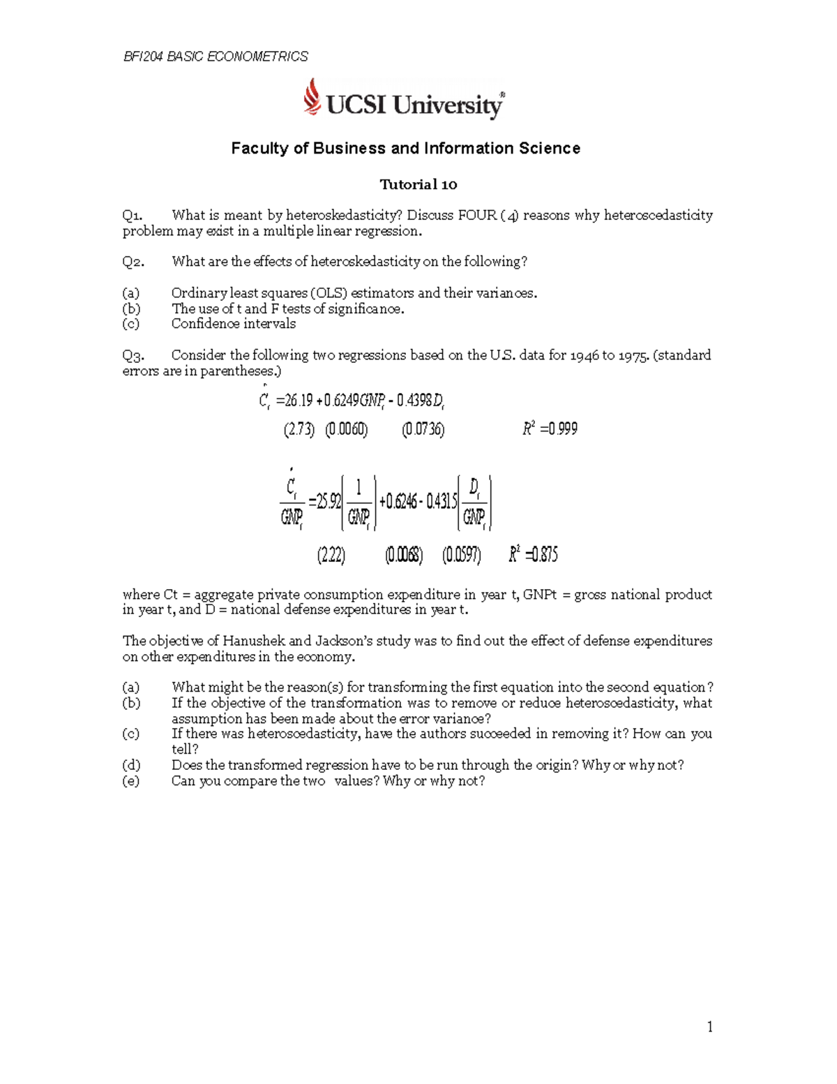 Tutorial 10 Bfi204 Basic Econometrics Faculty Of Business And Information Science Tutorial 10