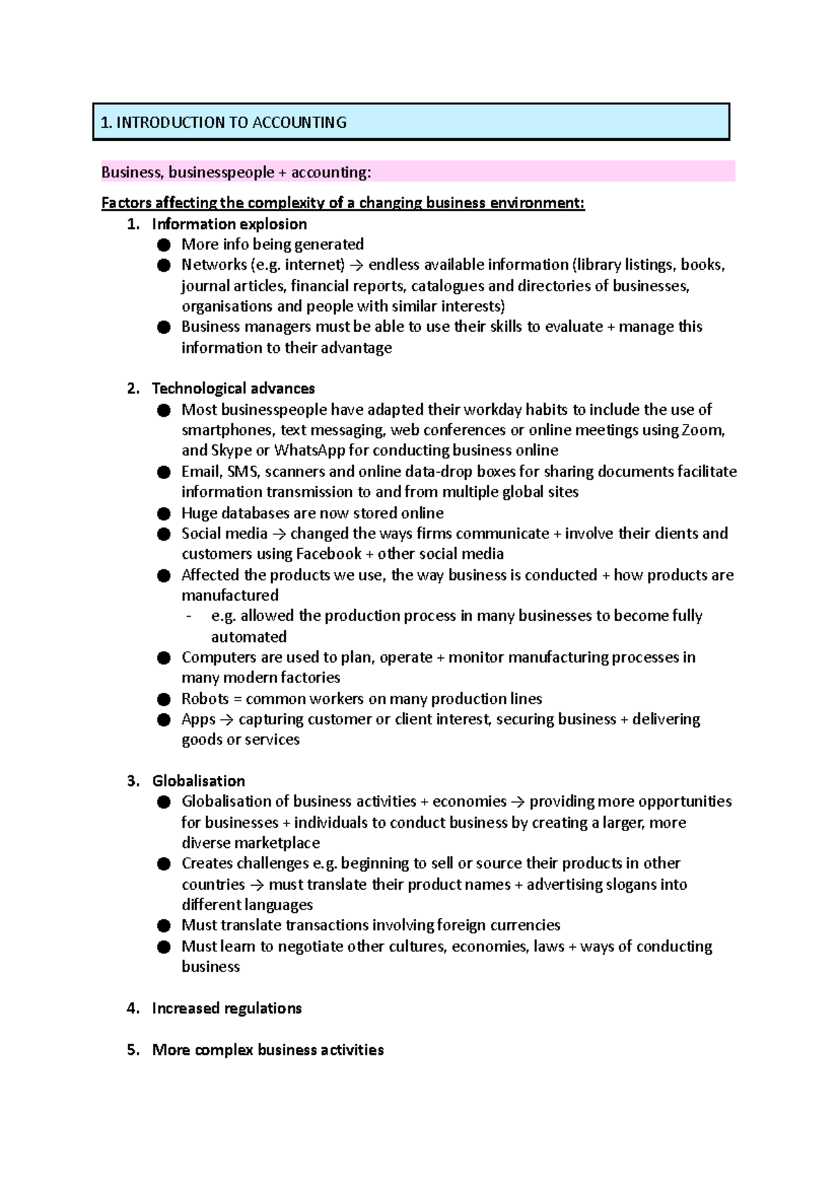 BUSS1030 notes - 1. INTRODUCTION TO ACCOUNTING Business, businesspeople ...