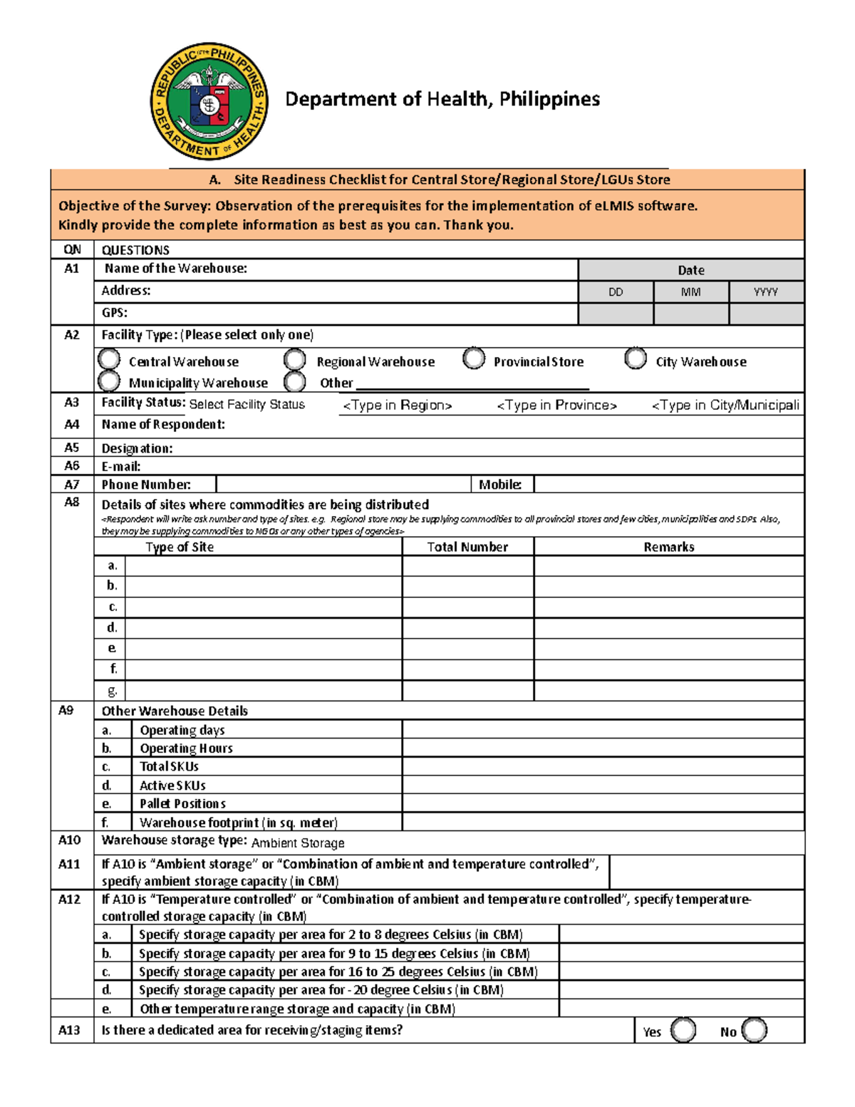 Site Readiness Checklist R2 Isabela Name of the Warehouse Stock Room 04 ...