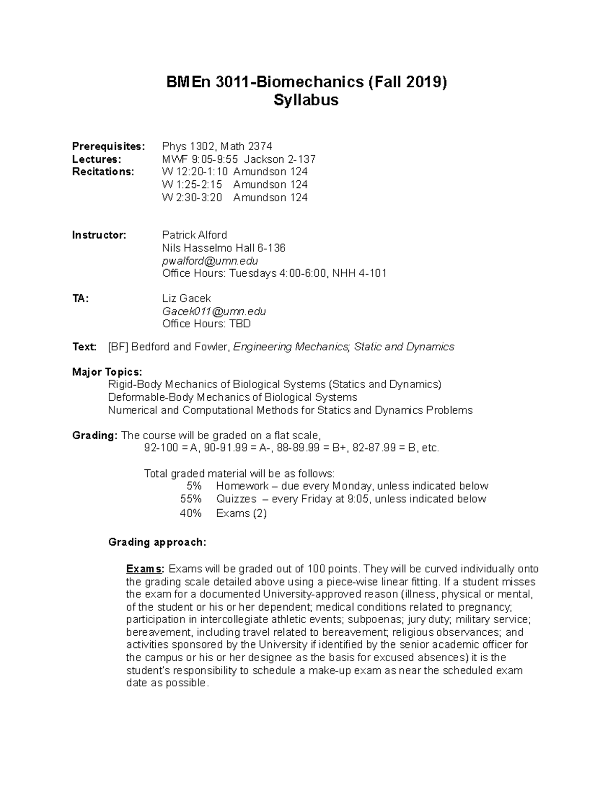 0 Syllabus - Summary Principles Of Physiology - BMEn 3011-Biomechanics ...