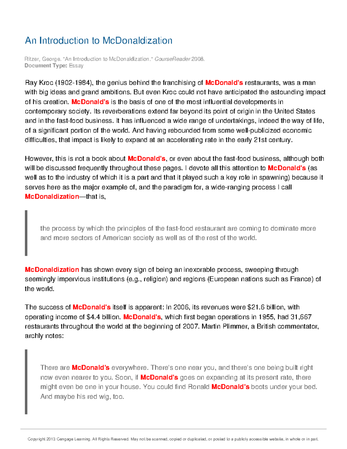 Mcdonaldization - Mcdona - An Introduction to McDonaldization Ritzer ...