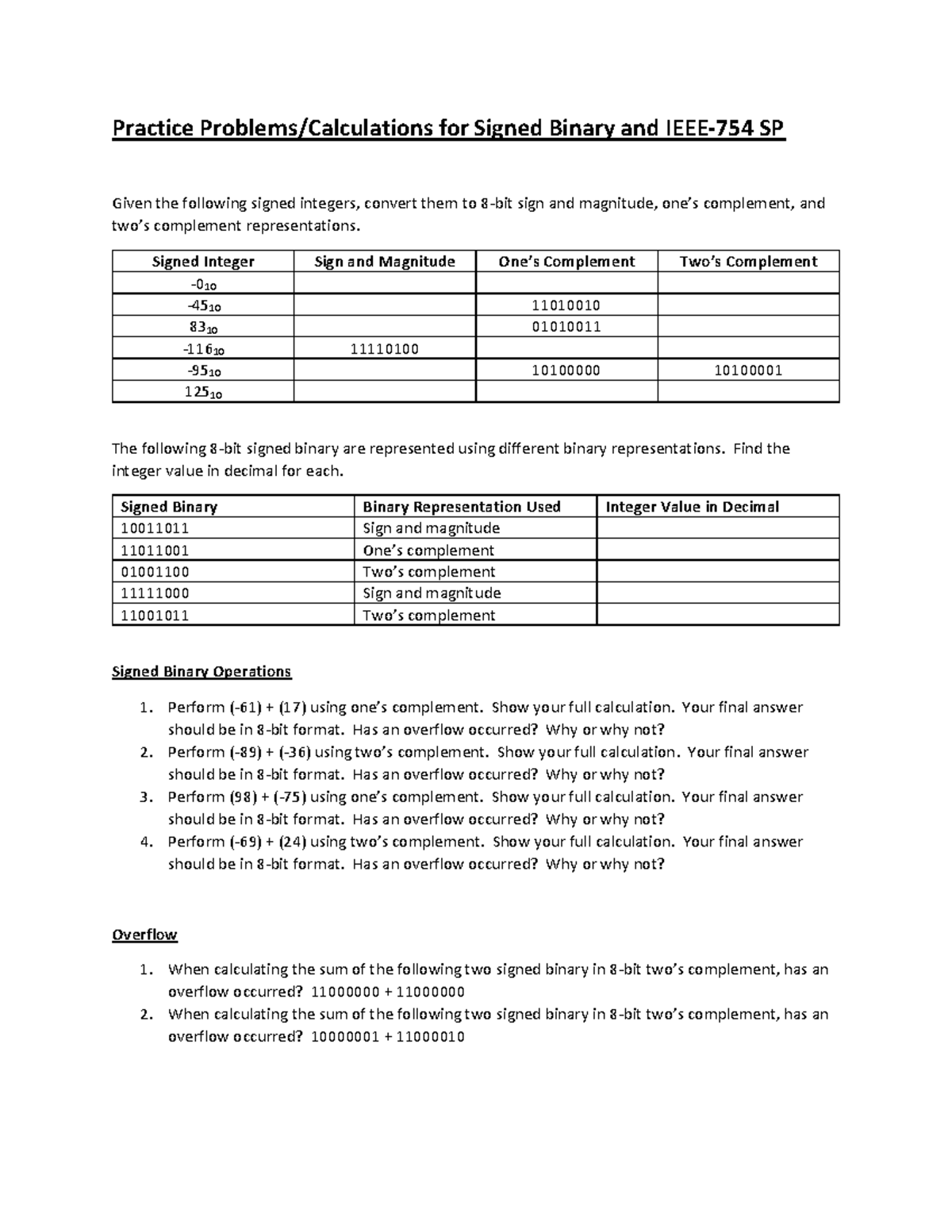 Practice Problems for Signed Binary and IEEE-754 SP - Practice Problems/Calculations for Signed ...