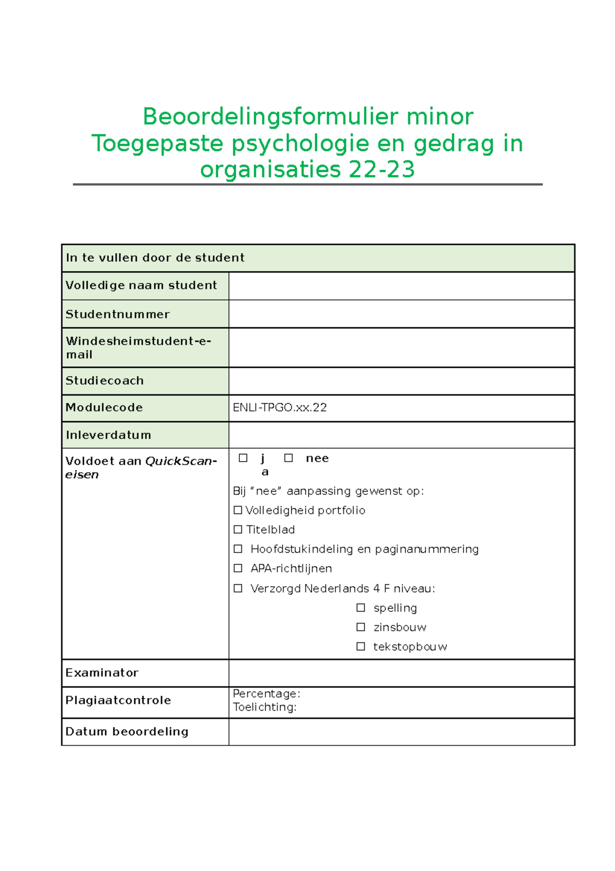 Beoordelingsformulier minor TPGO 2022 2023 - Beoordelingsformulier minor Toegepaste psychologie ...