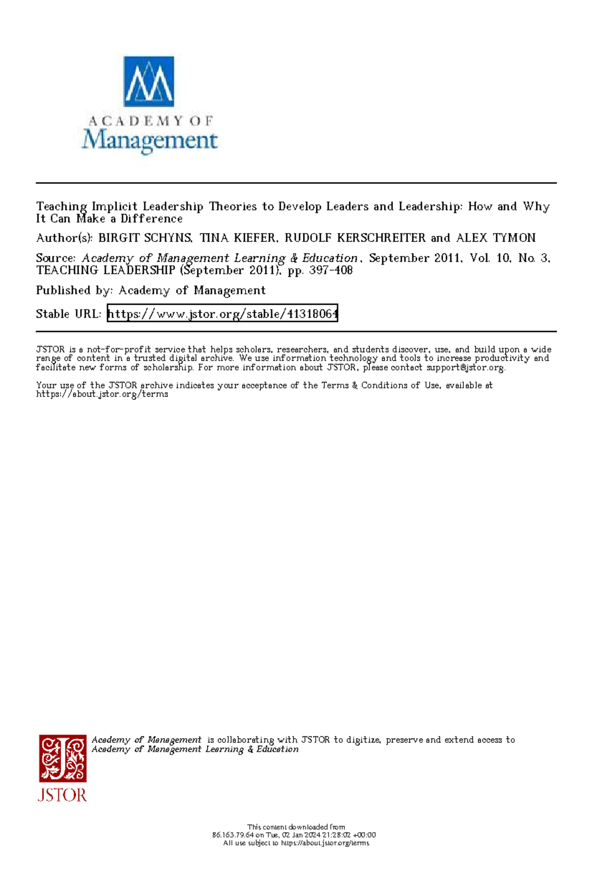 Teaching Implicit Leadership Theories to Develop Leaders and Leadership- How and Why - 10, No. 3 ...