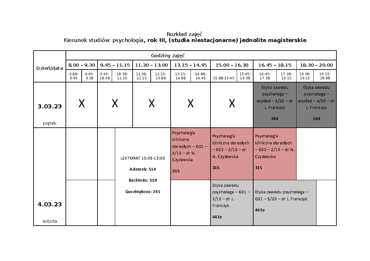 Harmonogram III NST sementr letni 25 - Rozkład zajęć Kierunek studiów: psychologia, rok III ...